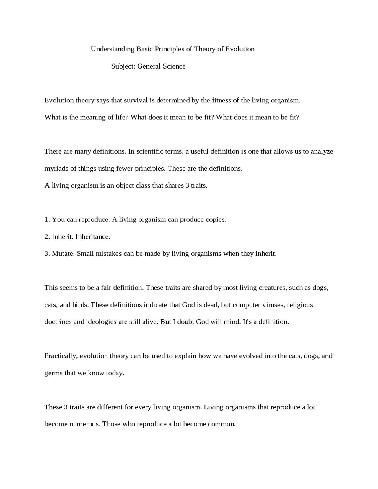 Understanding Basic Principles Of Theory Of Evolution Docsity