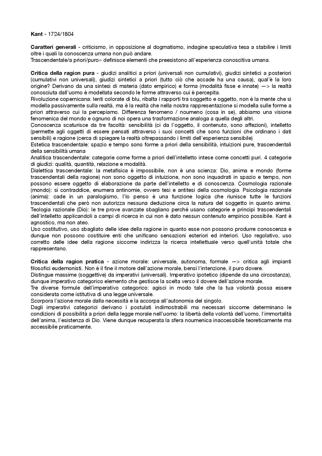 Kant Critica Della Ragion Pura E Ragion Pratica Docsity