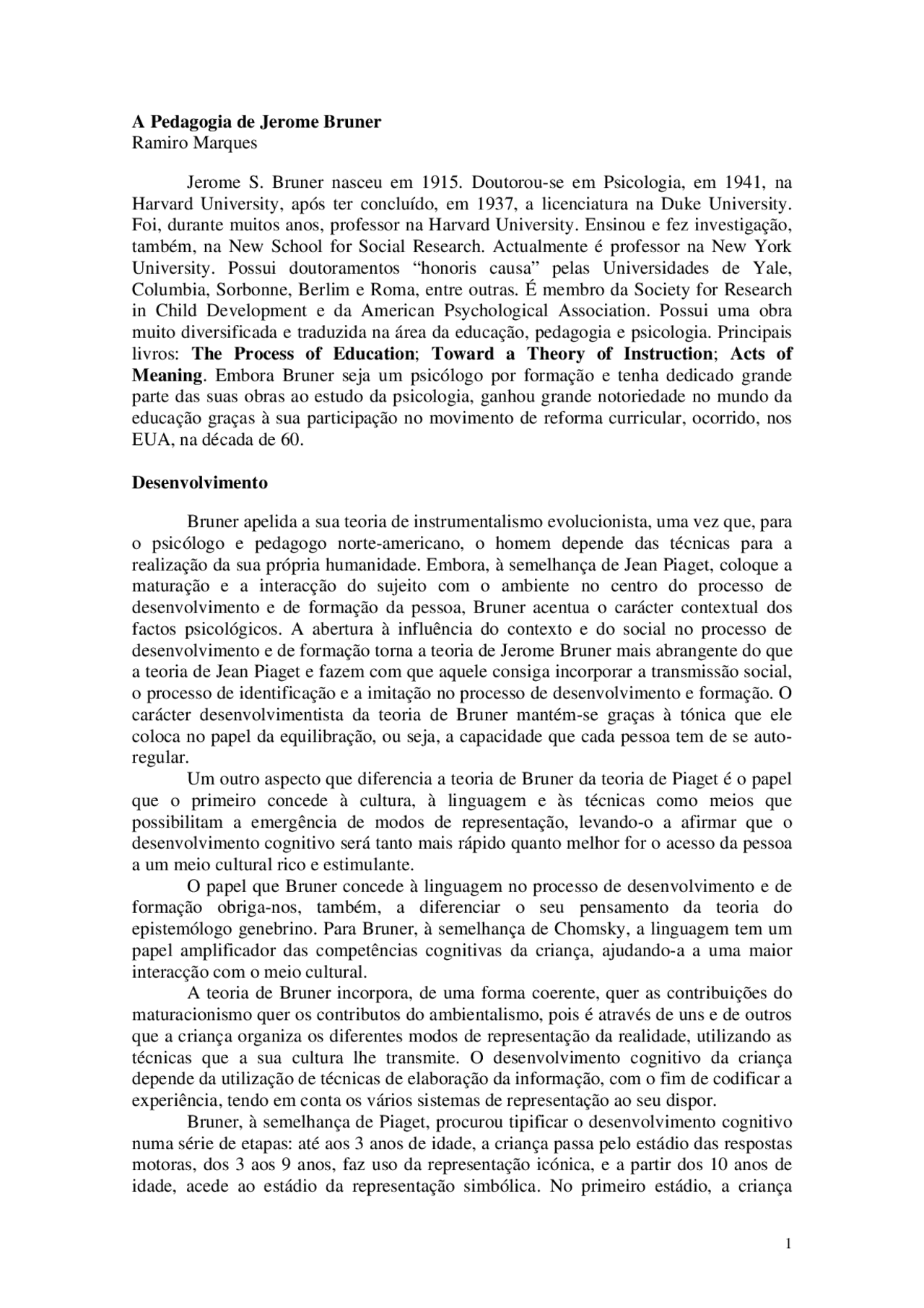 A pedagogia de J. Brunner - Docsity