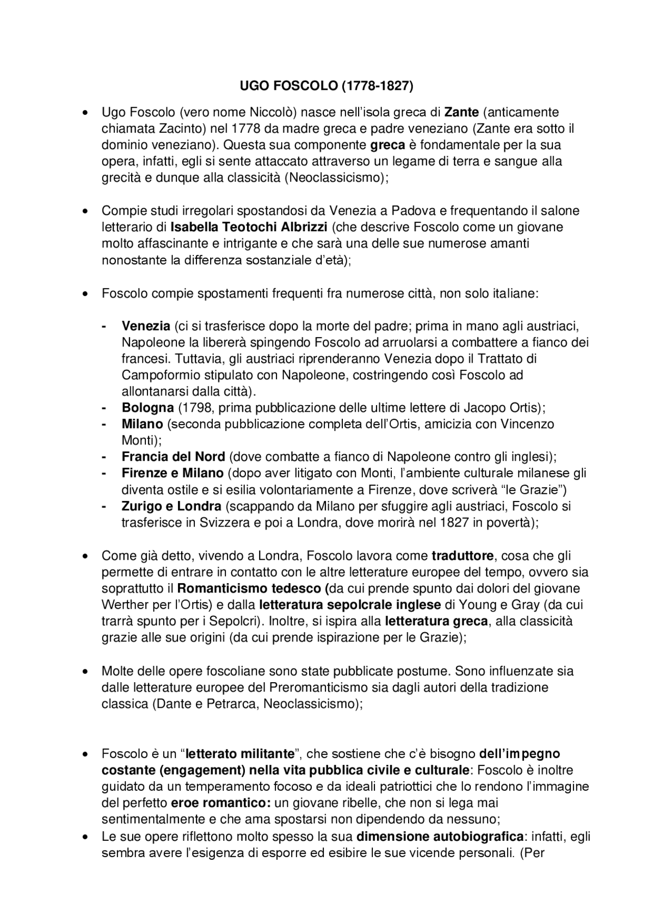 Ugo Foscolo Vita E Opere Docsity