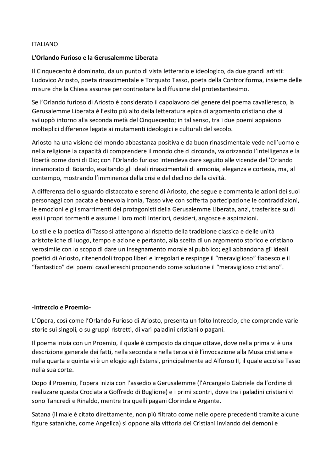 Appunti Su Tasso E Ariosto Docsity