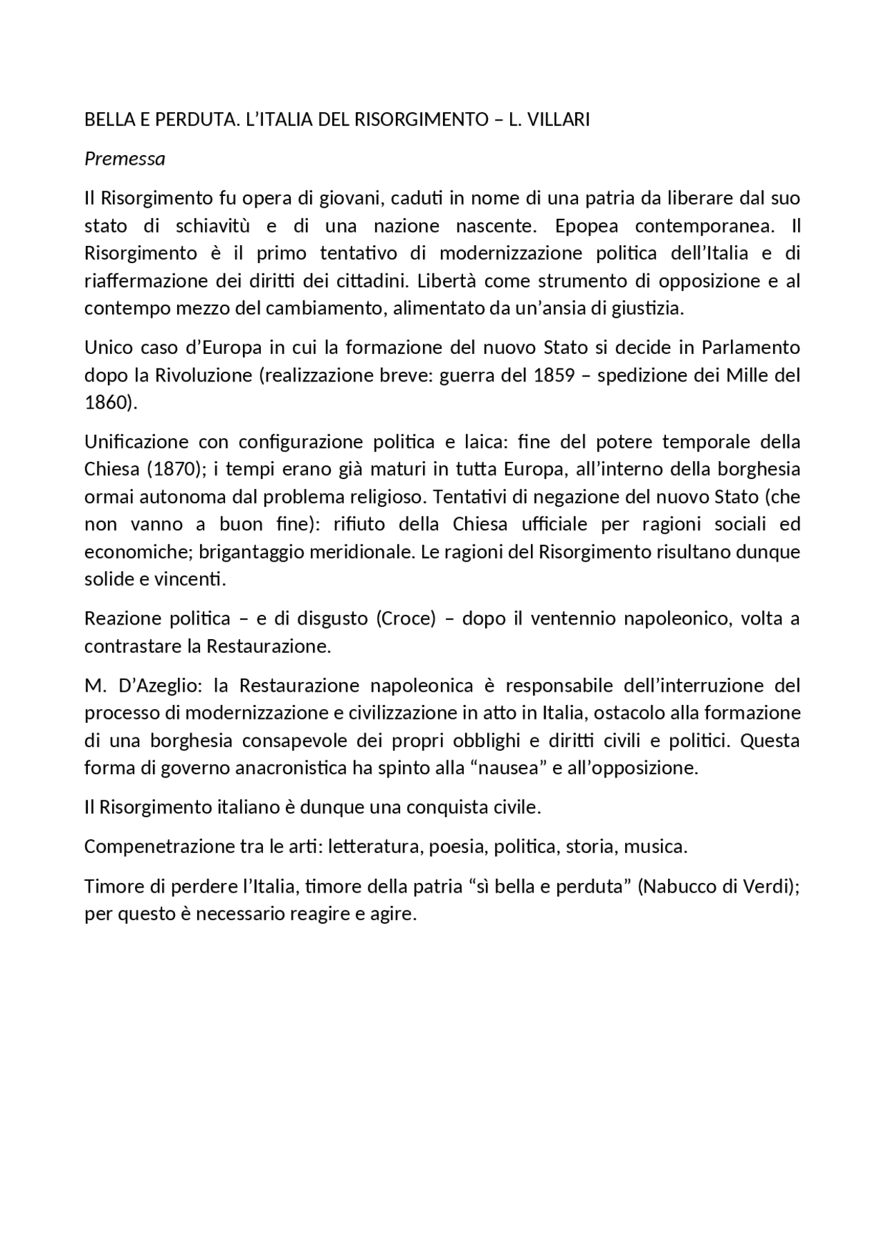 Riassunto "Bella e perduta. L'Italia del Risorgimento" - Docsity