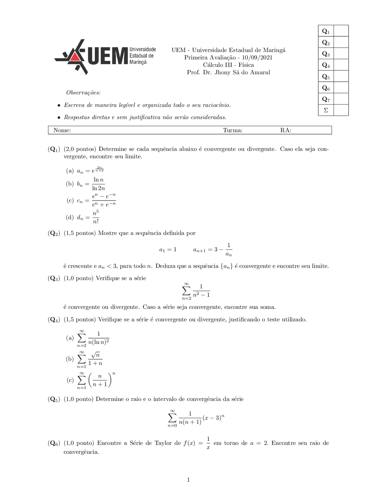 Prova De Sequencias E Series Docsity