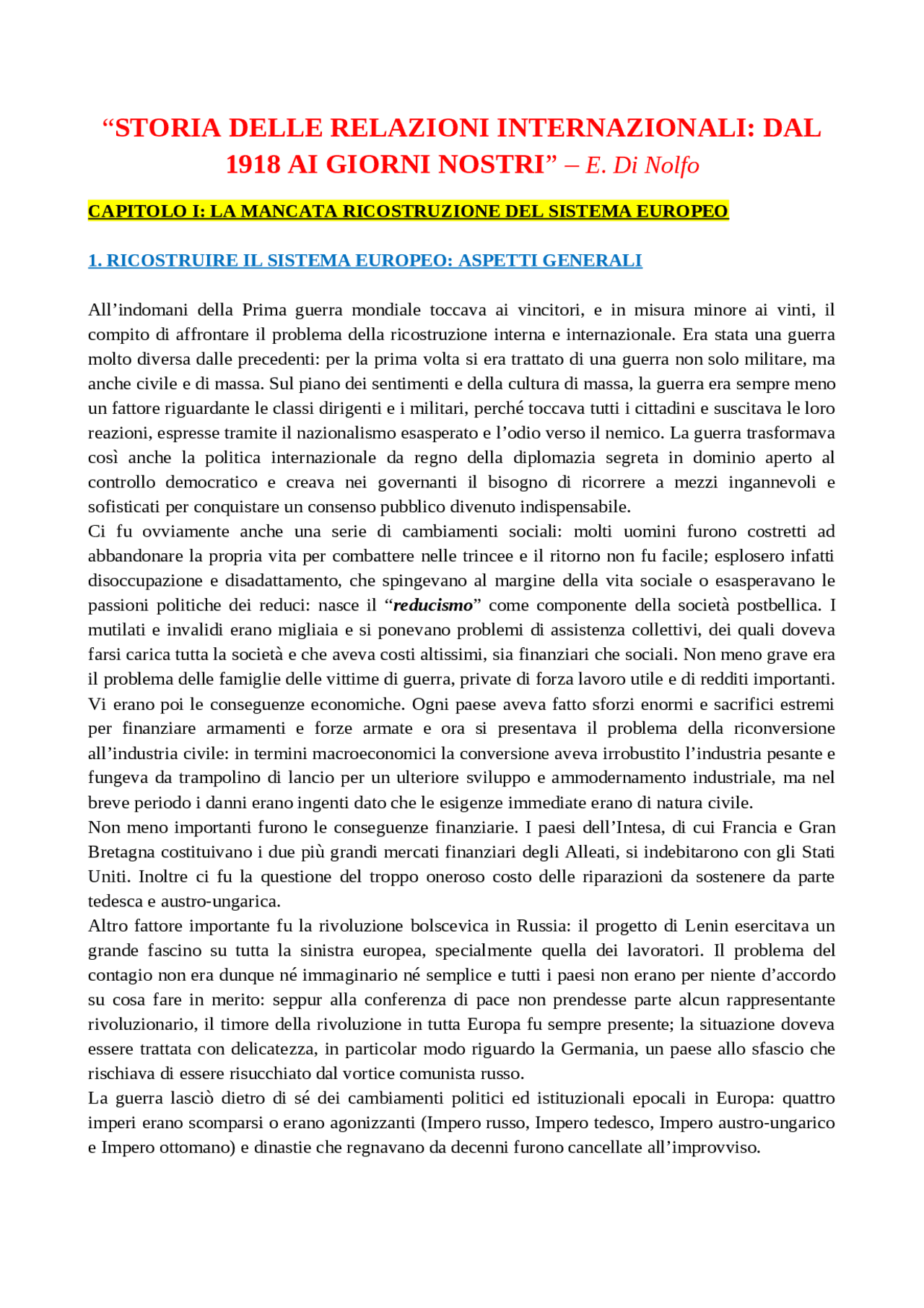 Storia Delle Relazioni Internazionali Docsity