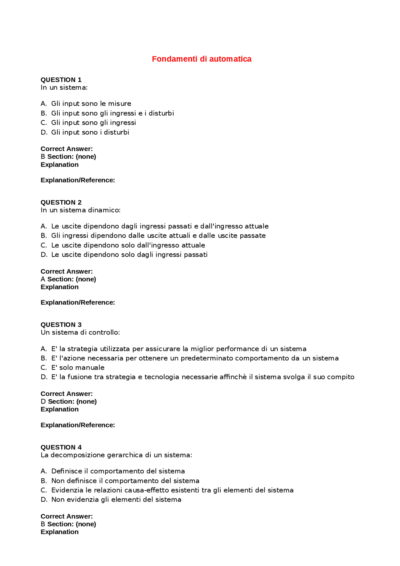 Fondamenti Di Automatica Ingegneria Informatica L 8 Mercatorum Docsity