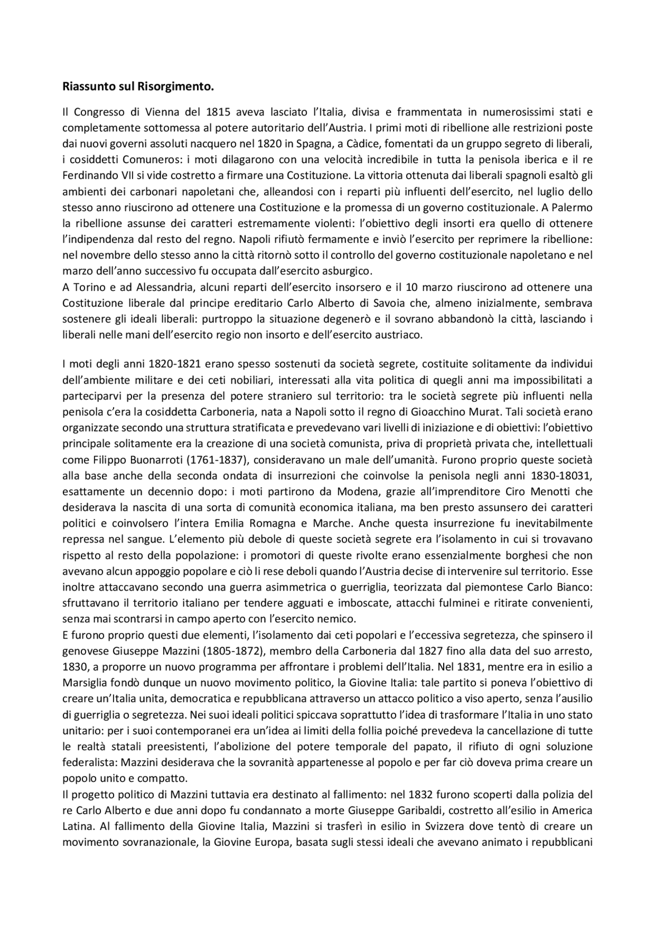 Riassunto E Tema Sul Risorgimento Docsity