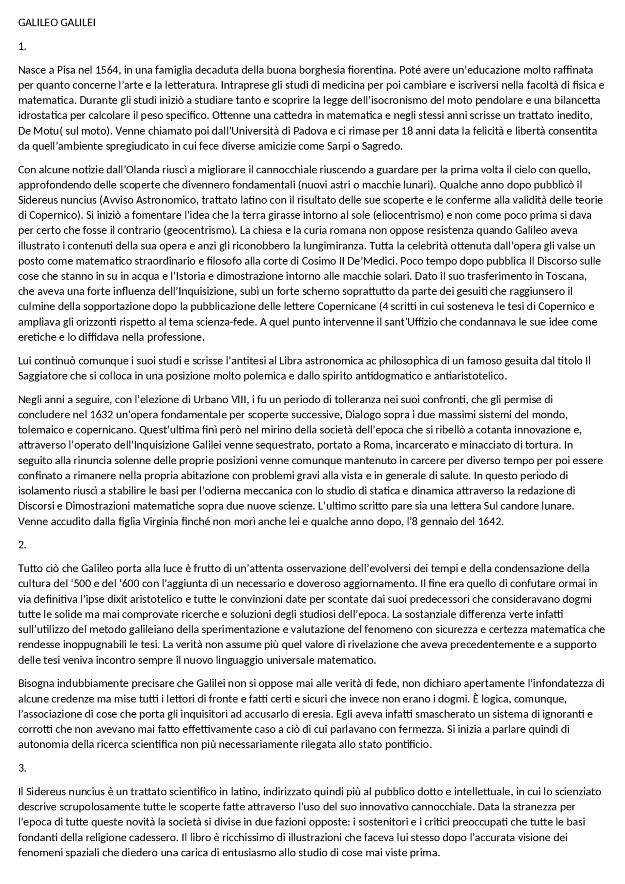 Tutto Su Galileo Galilei Riassunto Da Guido Baldi Docsity