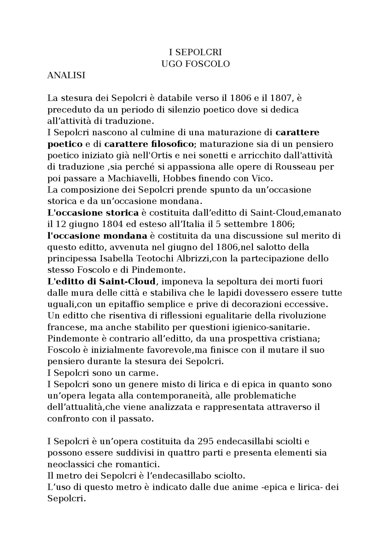 Appunti Di Foscolo Di Italiano Docsity