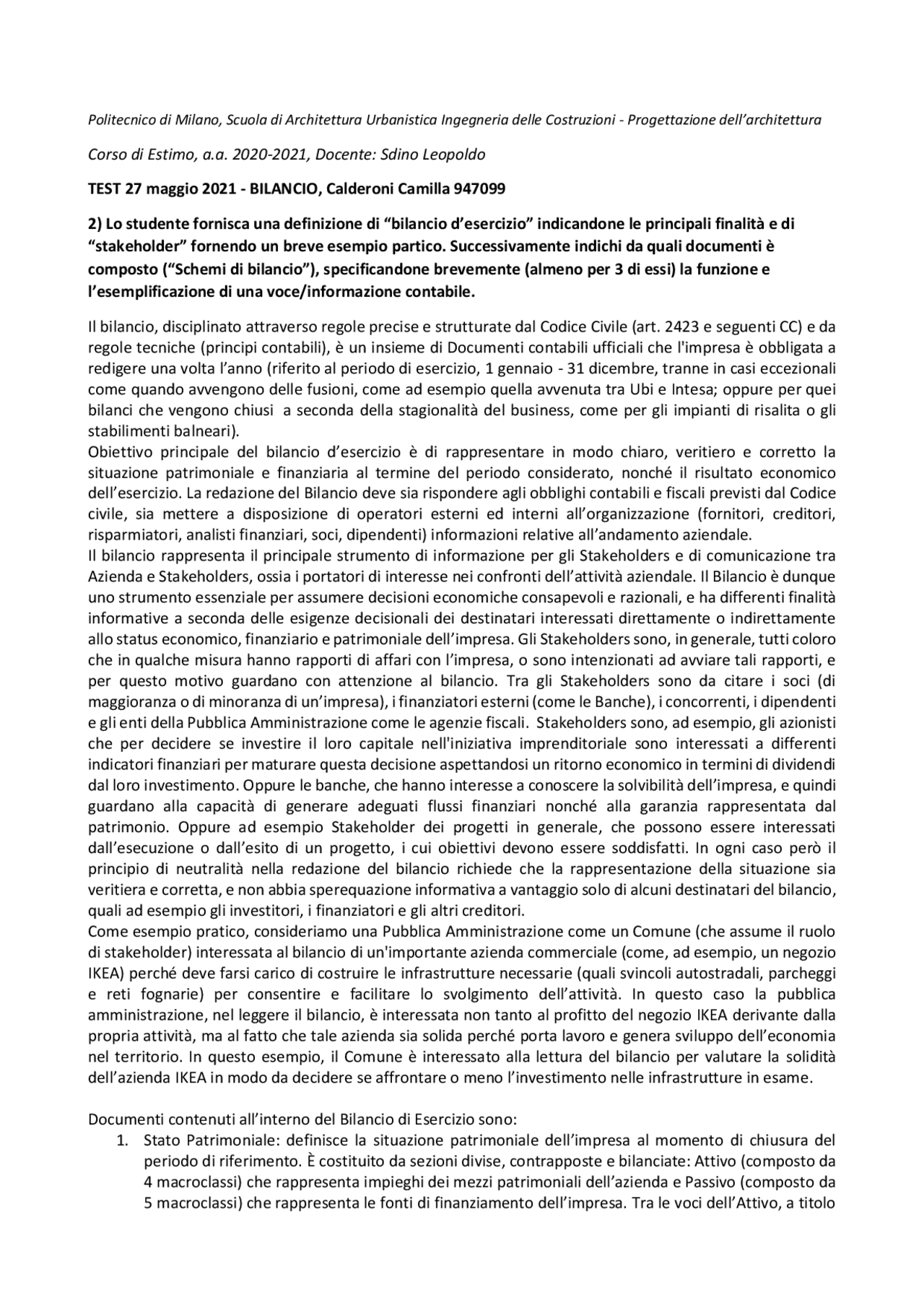 Prova d'esame Estimo (parte di bilancio) - Docsity