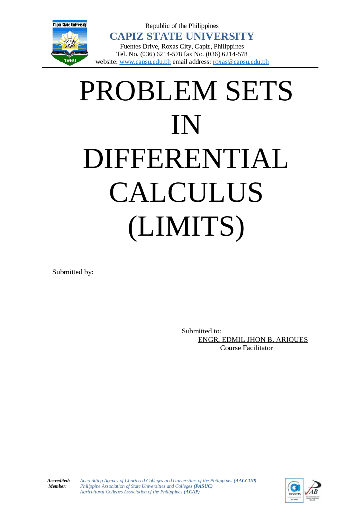 Problem Sets in Differential Calculus (Limits) from Capiz State ...