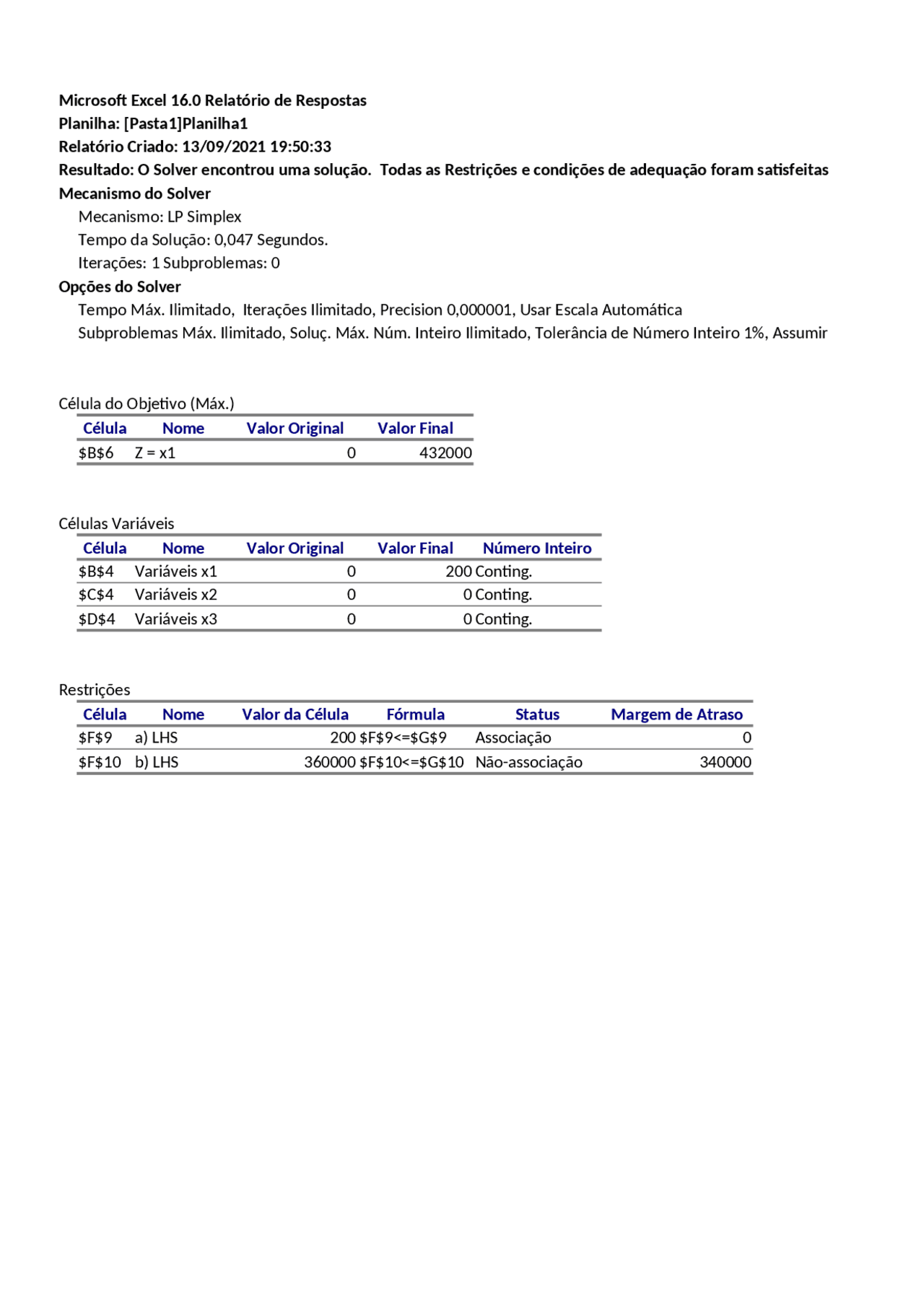 Exemplos de PLA usando o Solver - Docsity