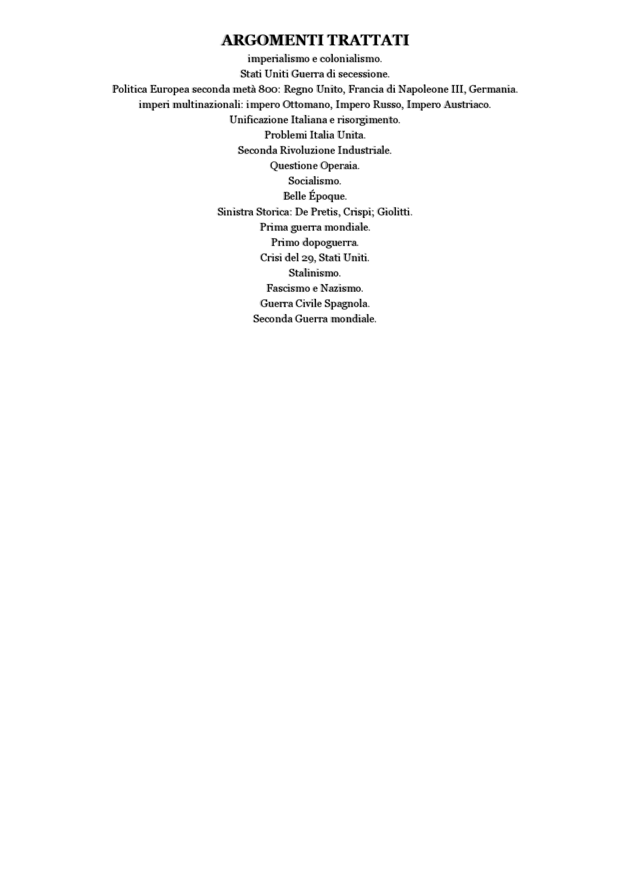 Programma di storia 5° superiore - Docsity