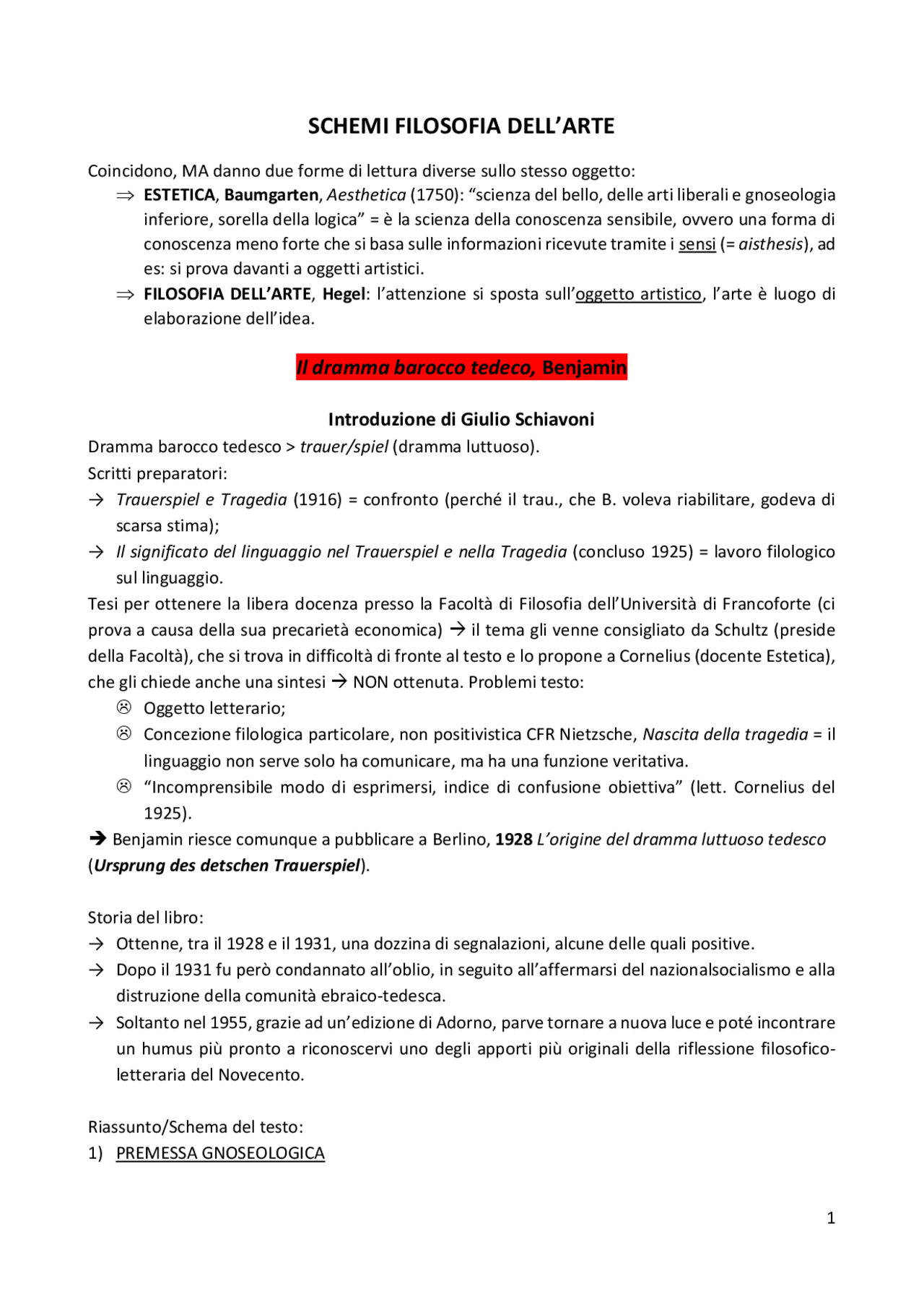 Riassunto Il Dramma Barocco Tedesco Benjamin Docsity