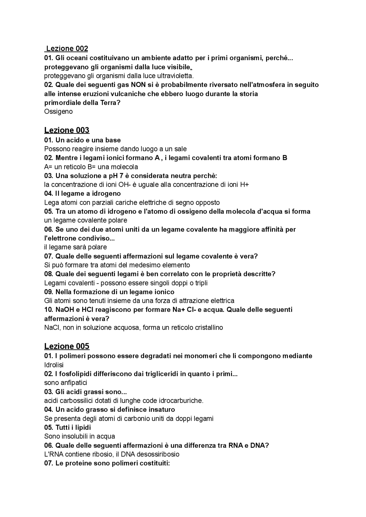 Paniere Di Biologia Completo Domande Aperte Prof Bocchio Ecampus Docsity