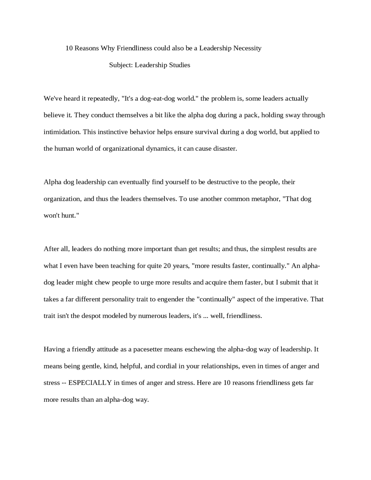 10 Reasons Why Friendliness could also be a Leadership Necessity - Docsity