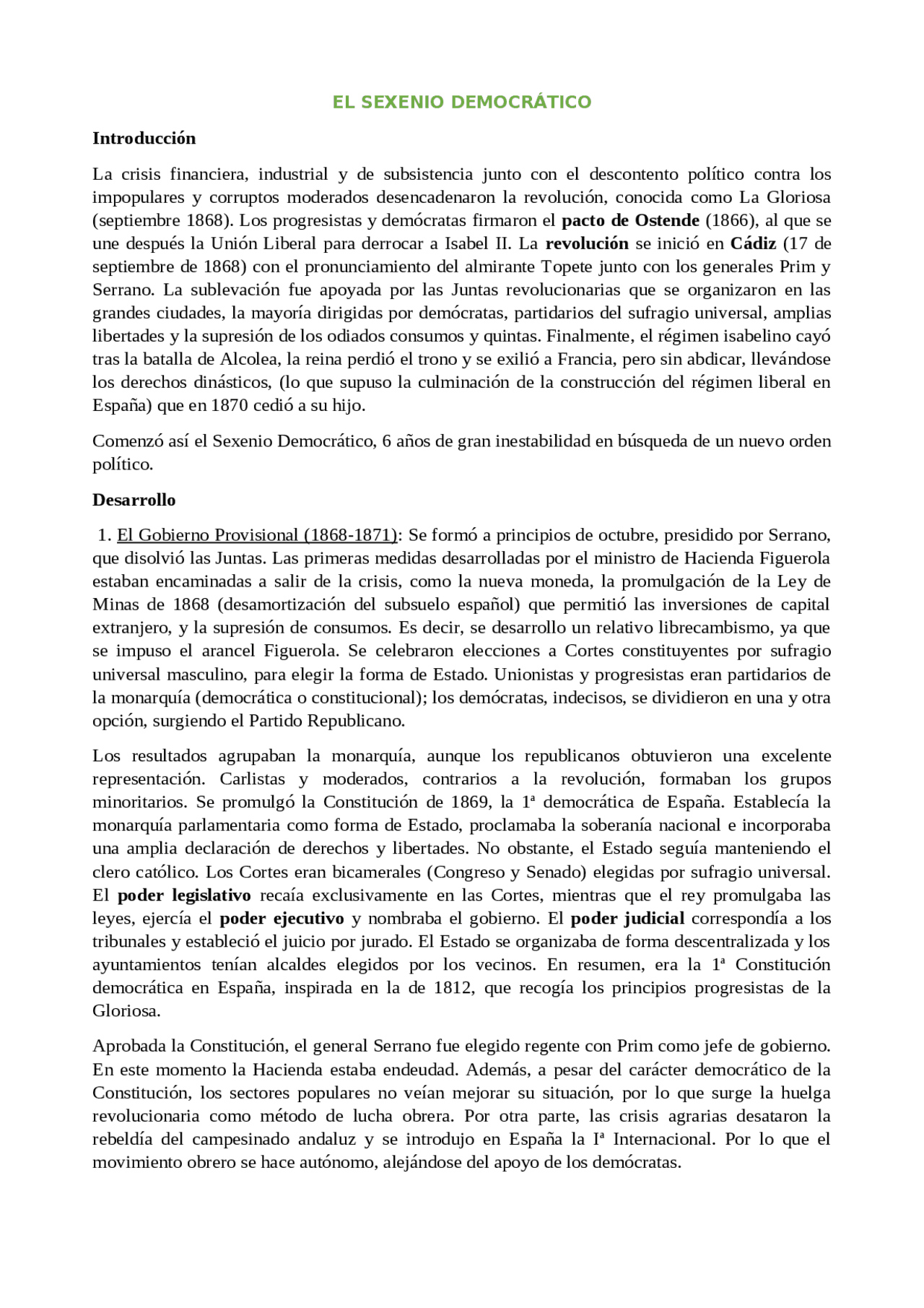 Resumen El Sexenio Democrático- EBAU - Docsity