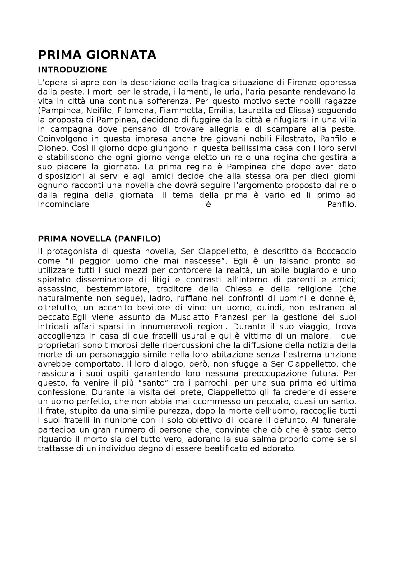 Riassunto Decameron Intr Prima Seconda E Terza Giornata Docsity