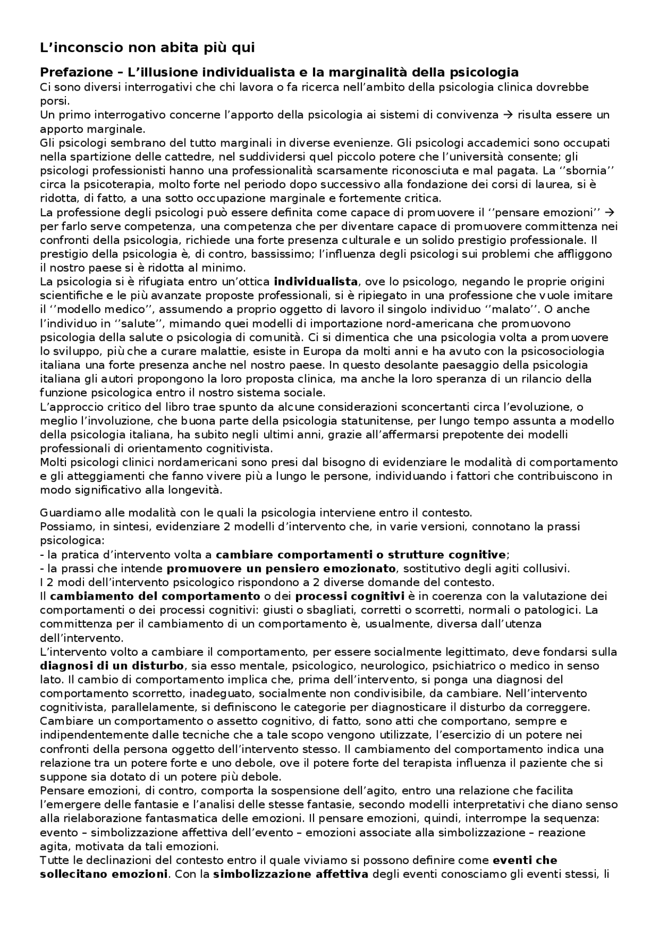 Riassunto Linconscio Non Abita Più Qui Docsity