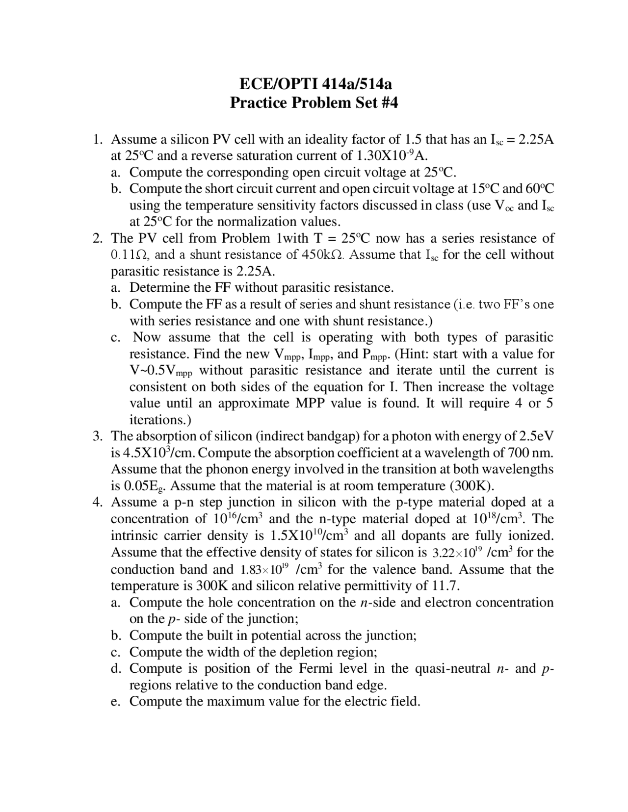 Photovoltaics Problem Set Docsity