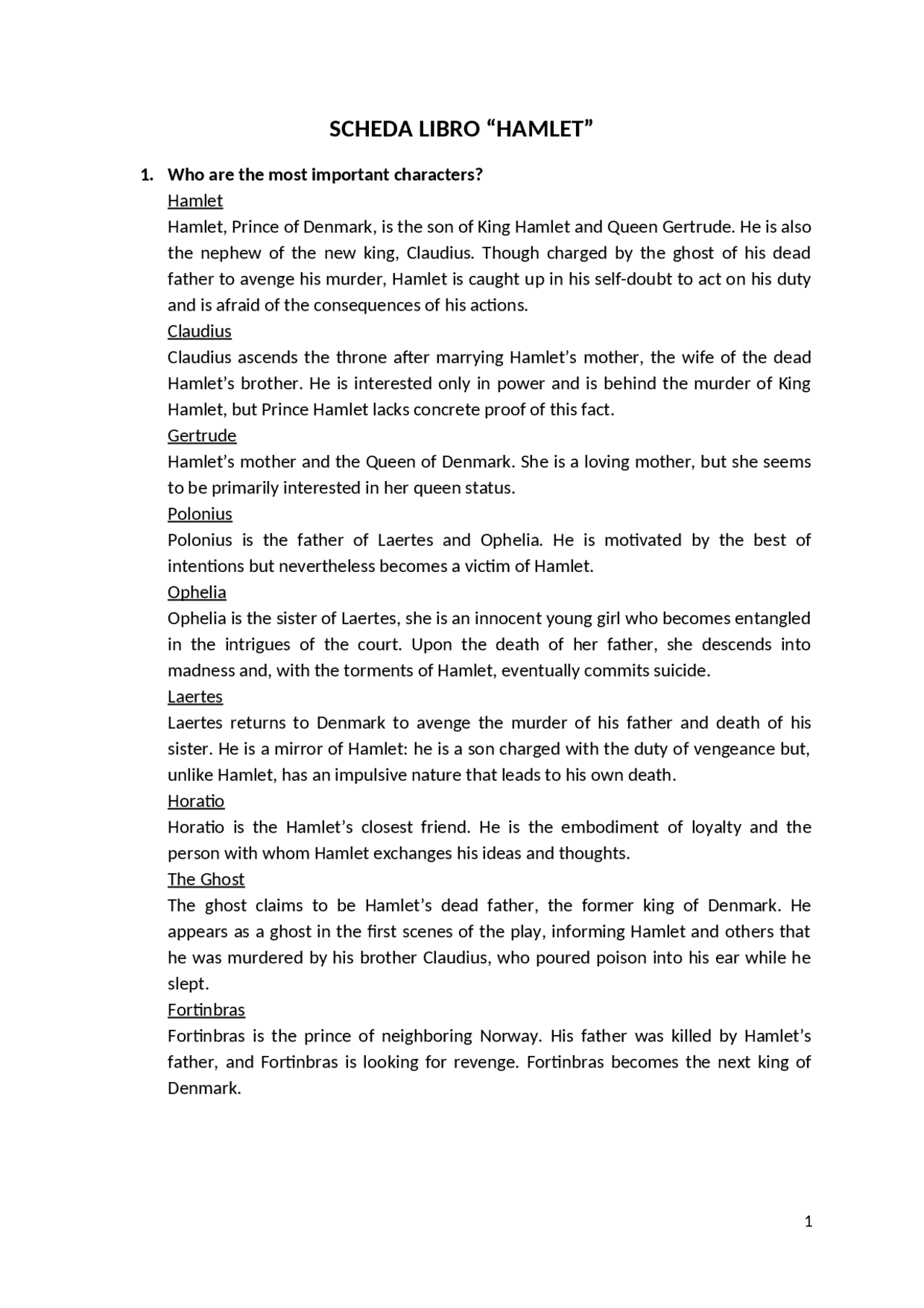 Scheda Amleto Di William Shakespeare Docsity