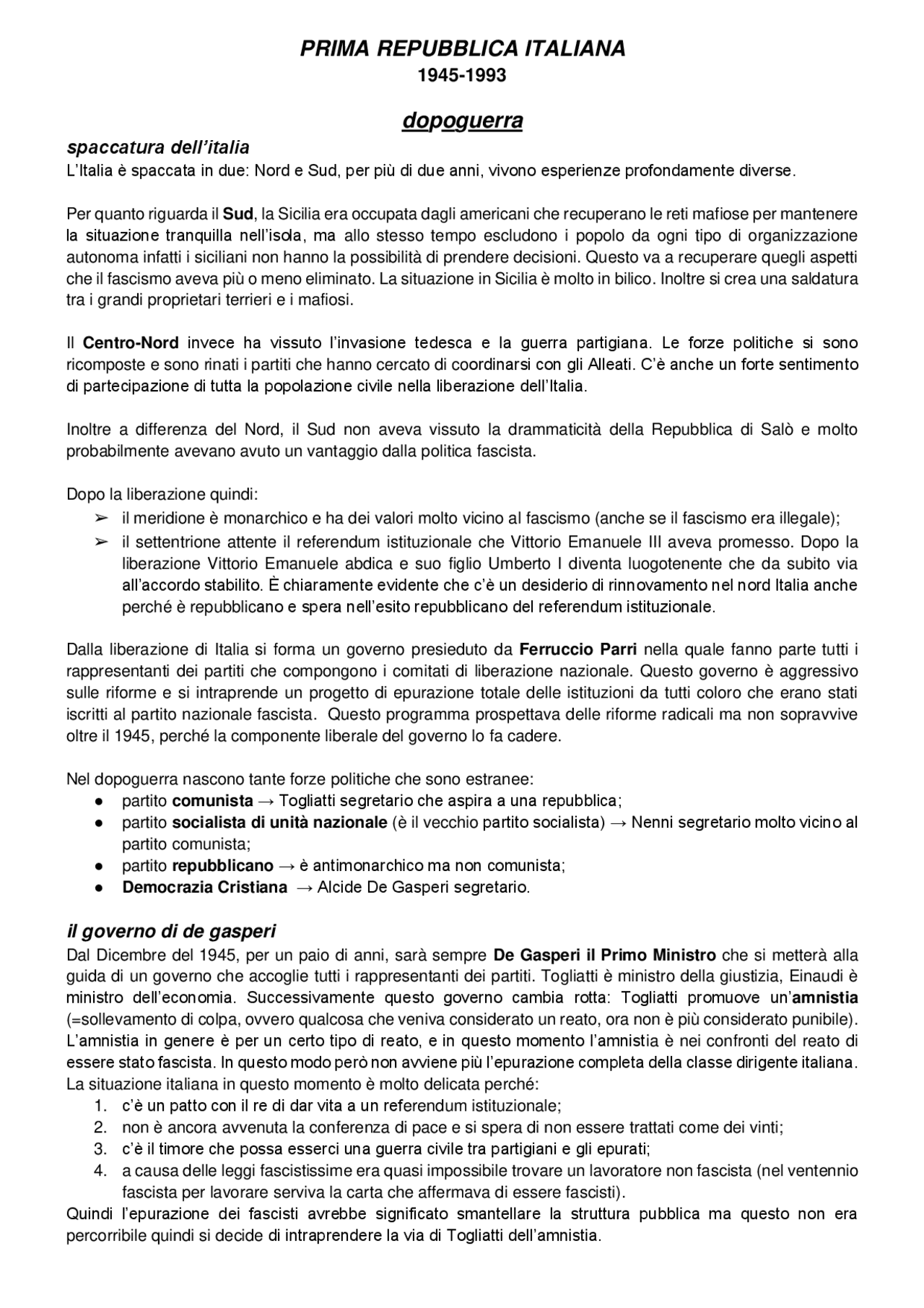 La Prima Repubblica Italiana: dal 1945 al 1993 - Docsity