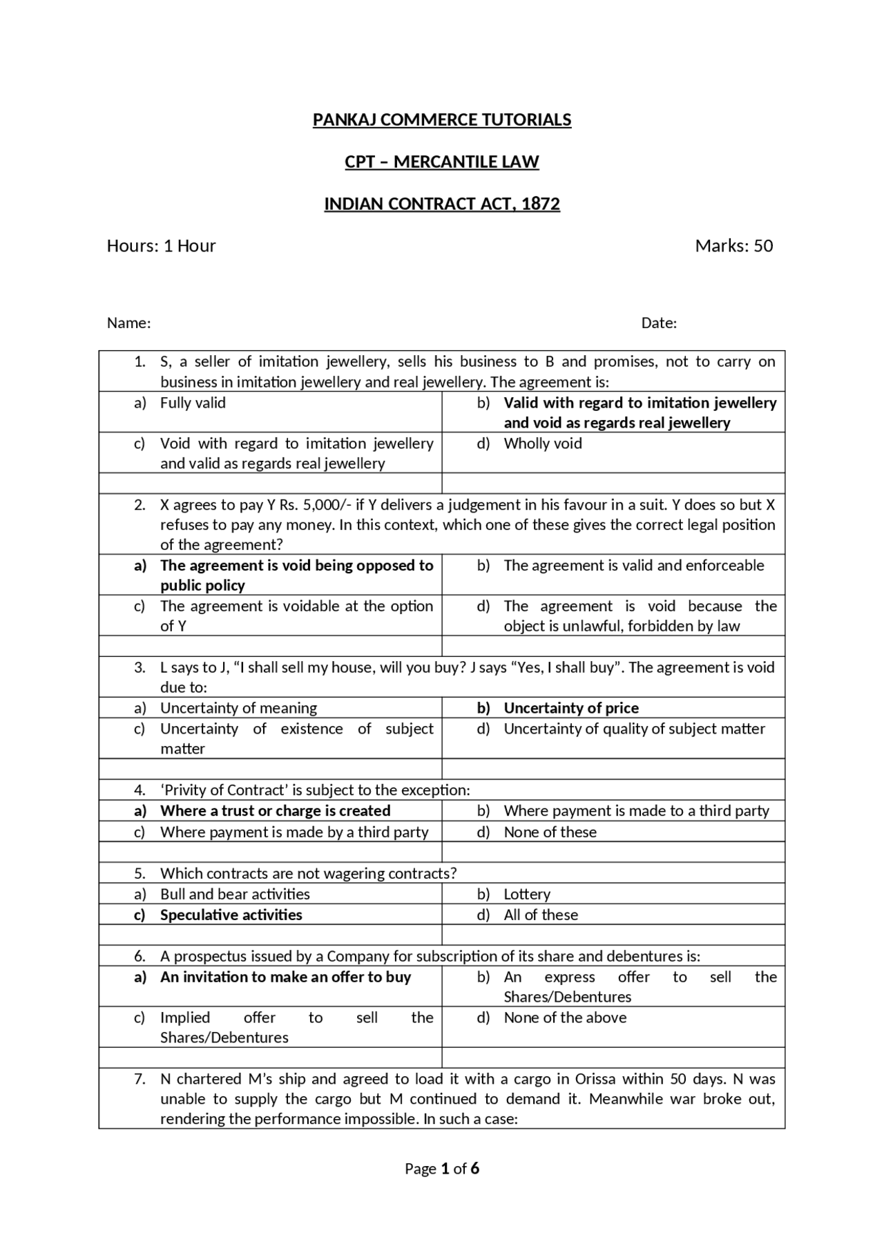 Sample Law Exam Paper for ICAI - Docsity