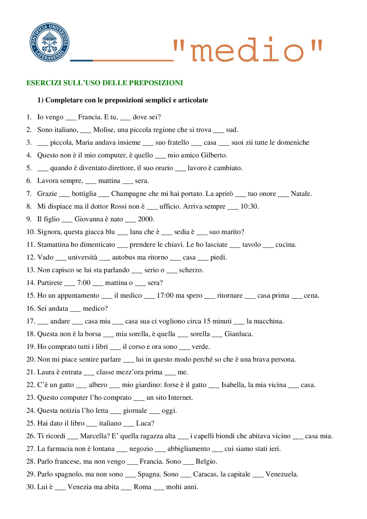 Preposizioni articolate italiano L2 - Docsity