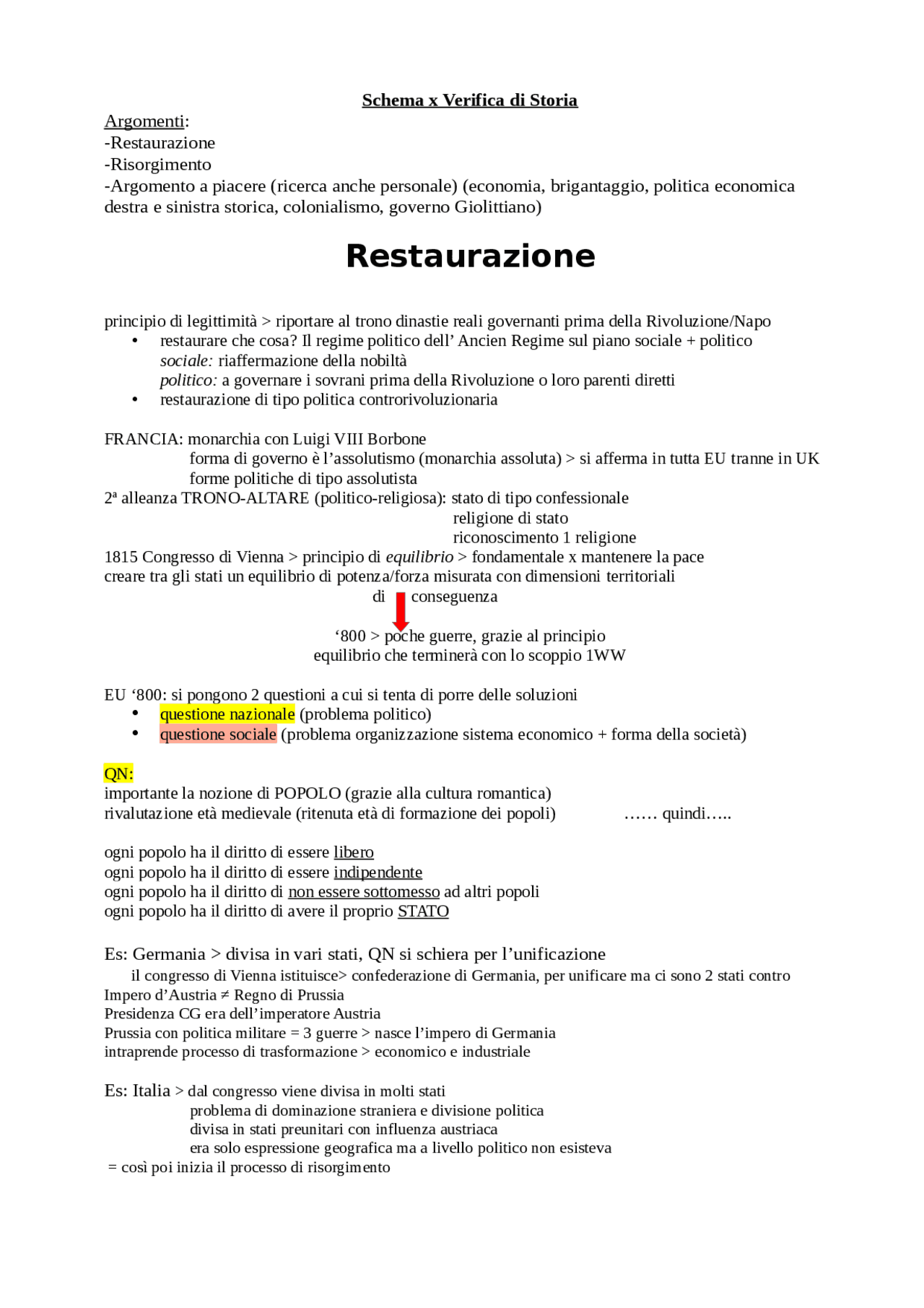 La restaurazione e il Risorgimento italiano - Docsity