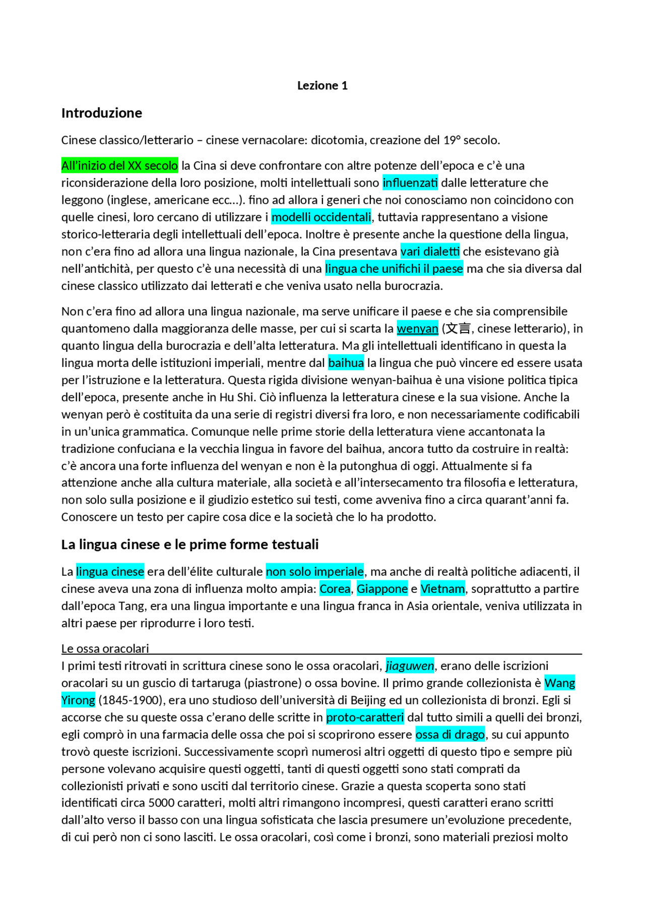 Riassunto lezioni letteratura cinese - Giulia Baccini - Docsity