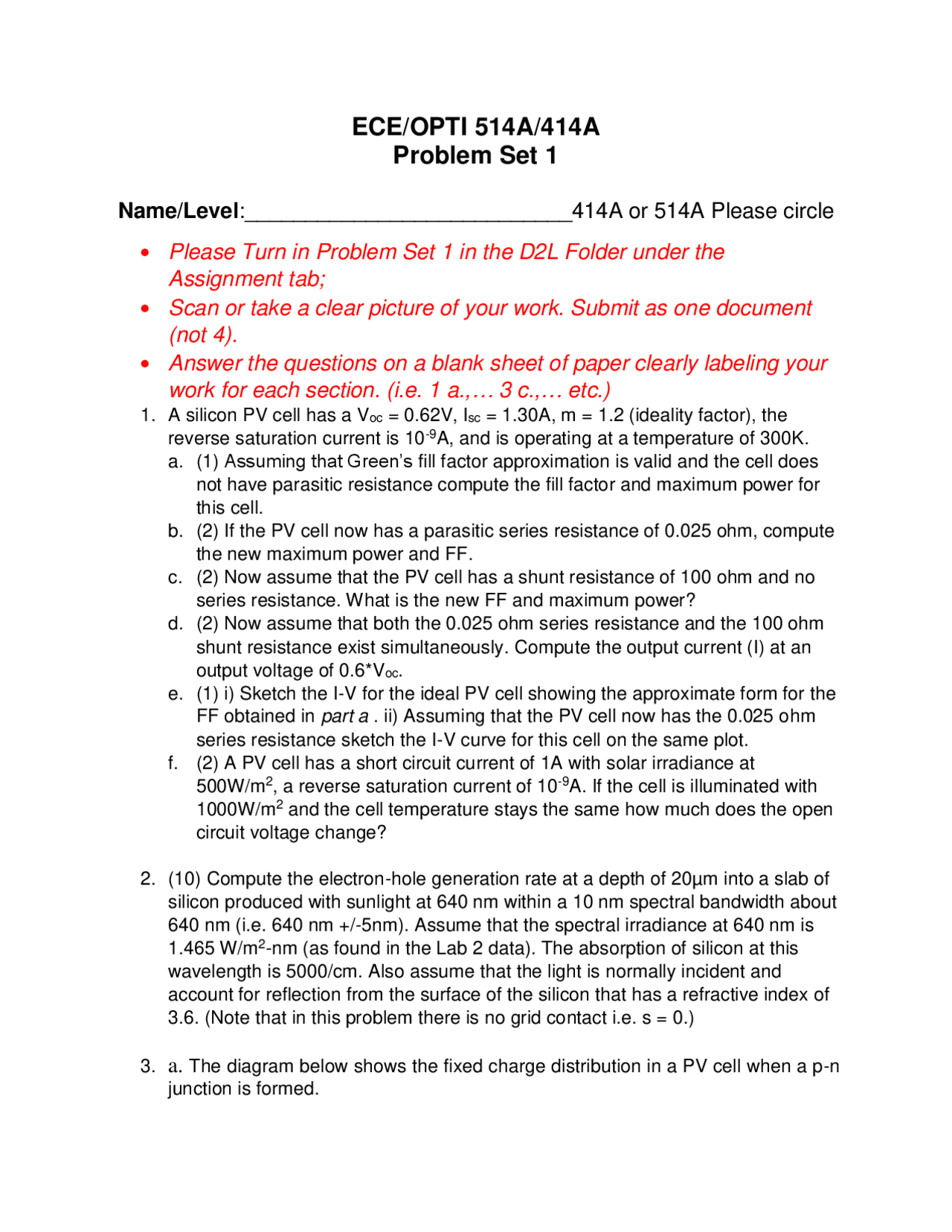 Photovoltaics Problem Set Docsity