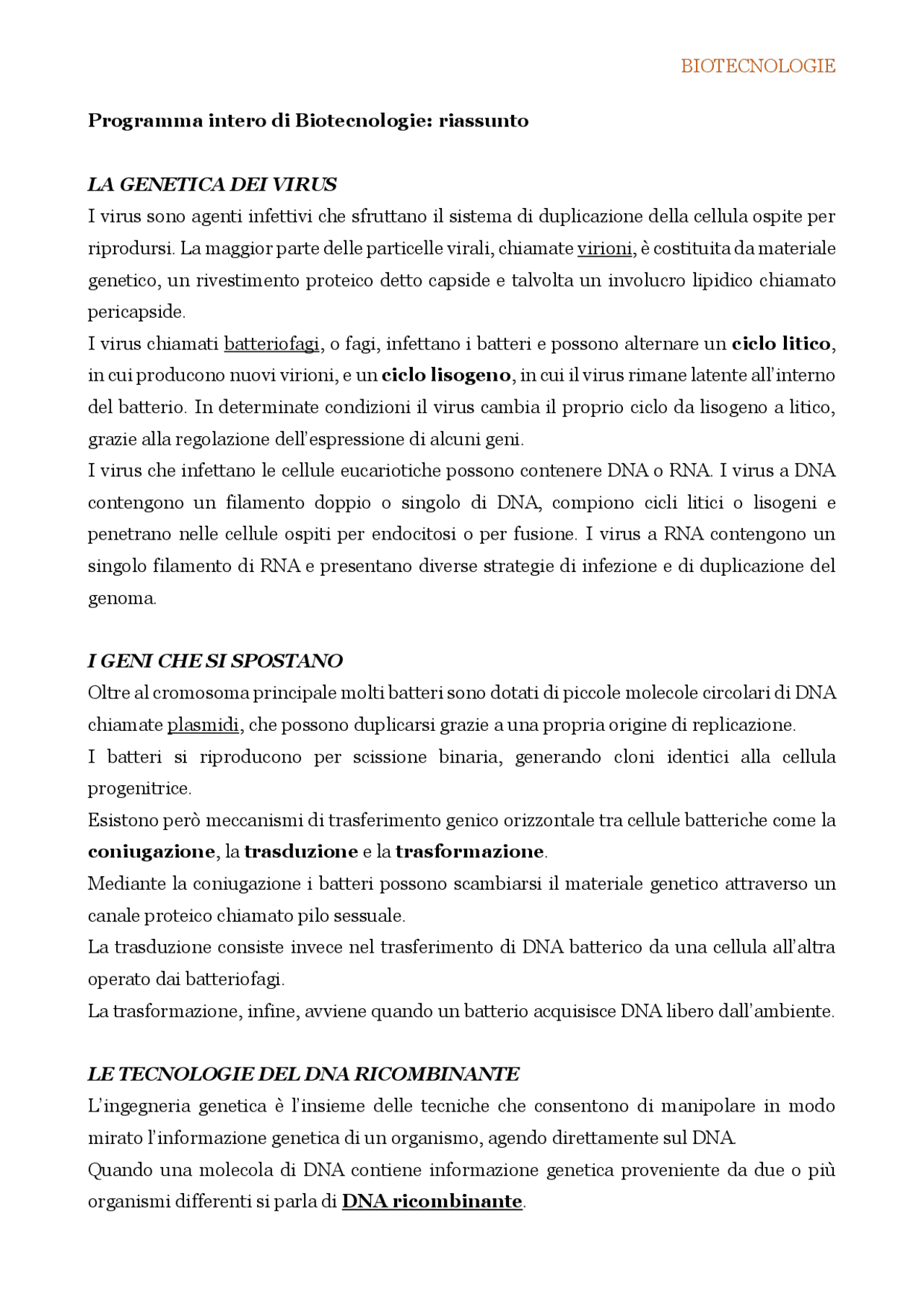 Riassunto Dellintero Programma Di Biotecnologie 5° Anno Liceo Docsity