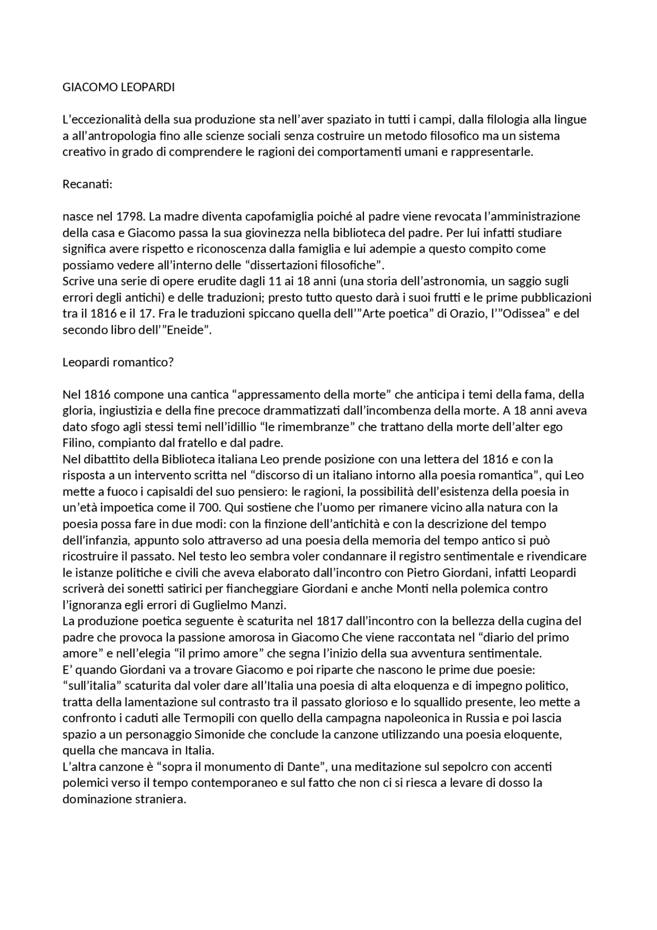 Riassunto Giacomo Leopardi Docsity