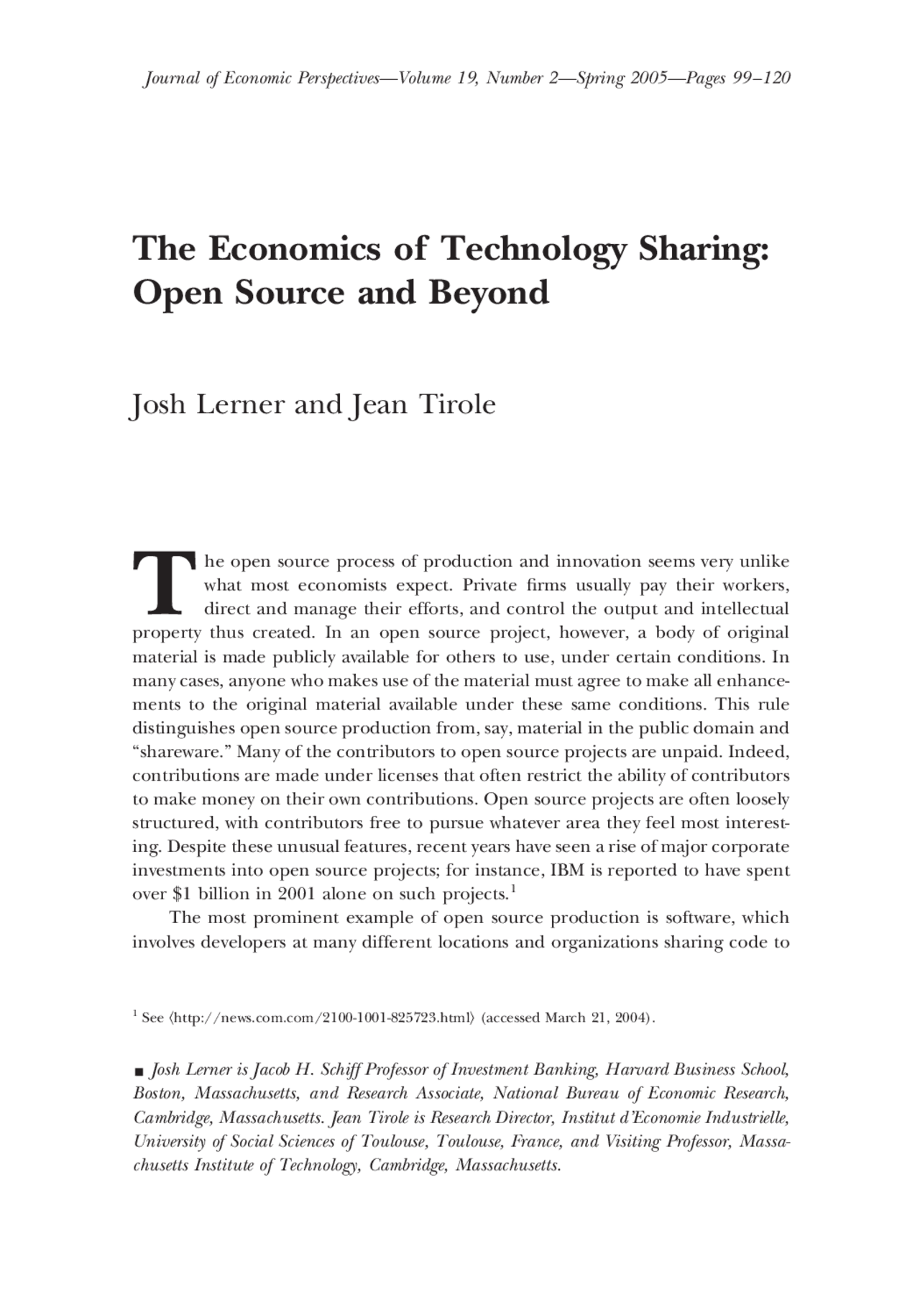 The Economics of Technology Sharing: Open Source and Beyond | Resúmenes de Economía | Docsity