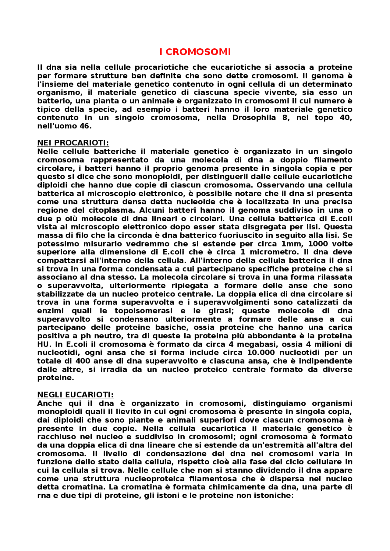 I Cromosomi Nei Procarioti E Negli Eucarioti Docsity