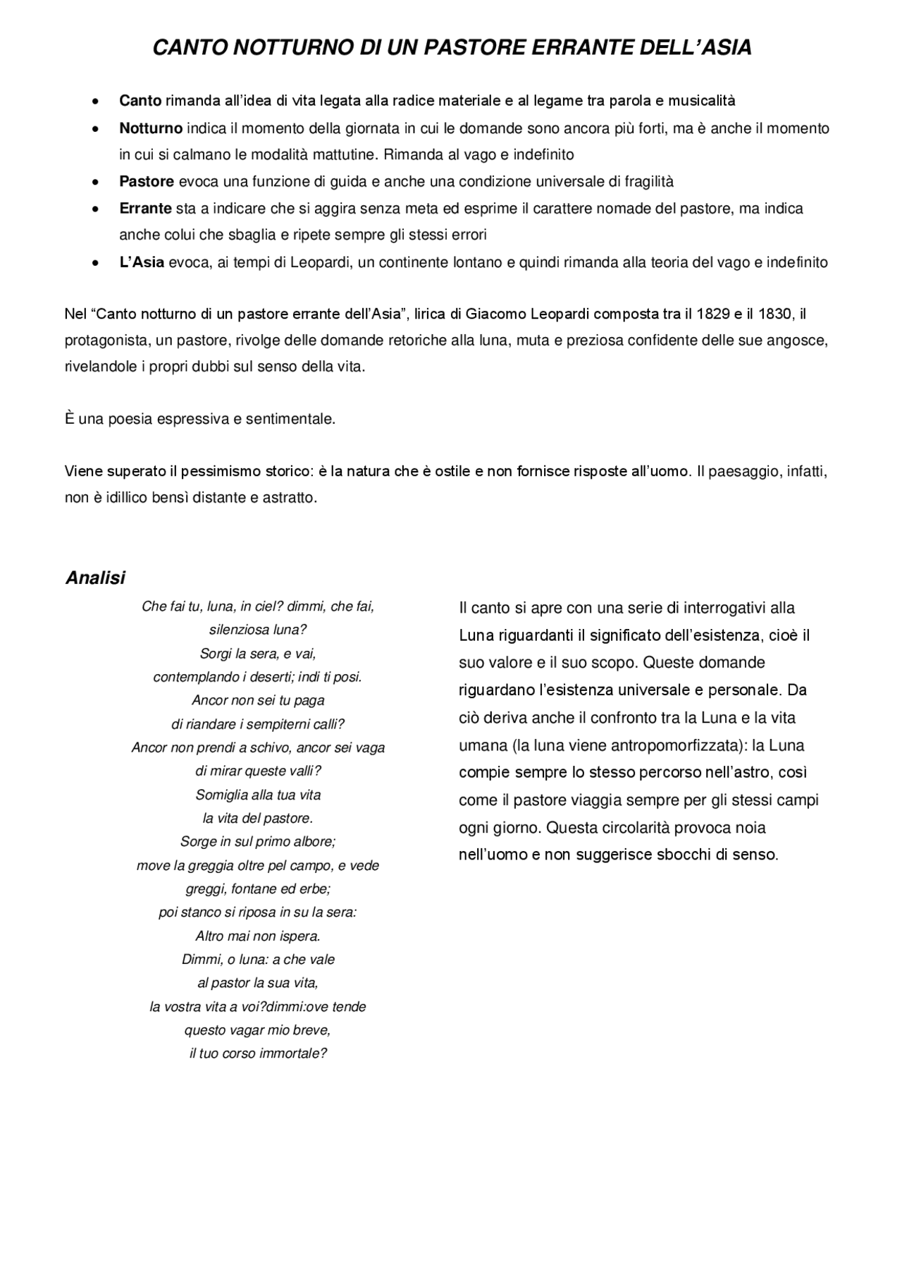"Canto notturno di un pastore errante dell'Asia" - G. Leopardi - Docsity