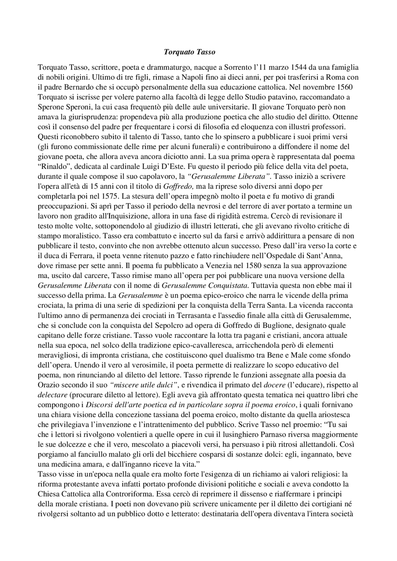 Tesina Su Torquato Tasso Docsity