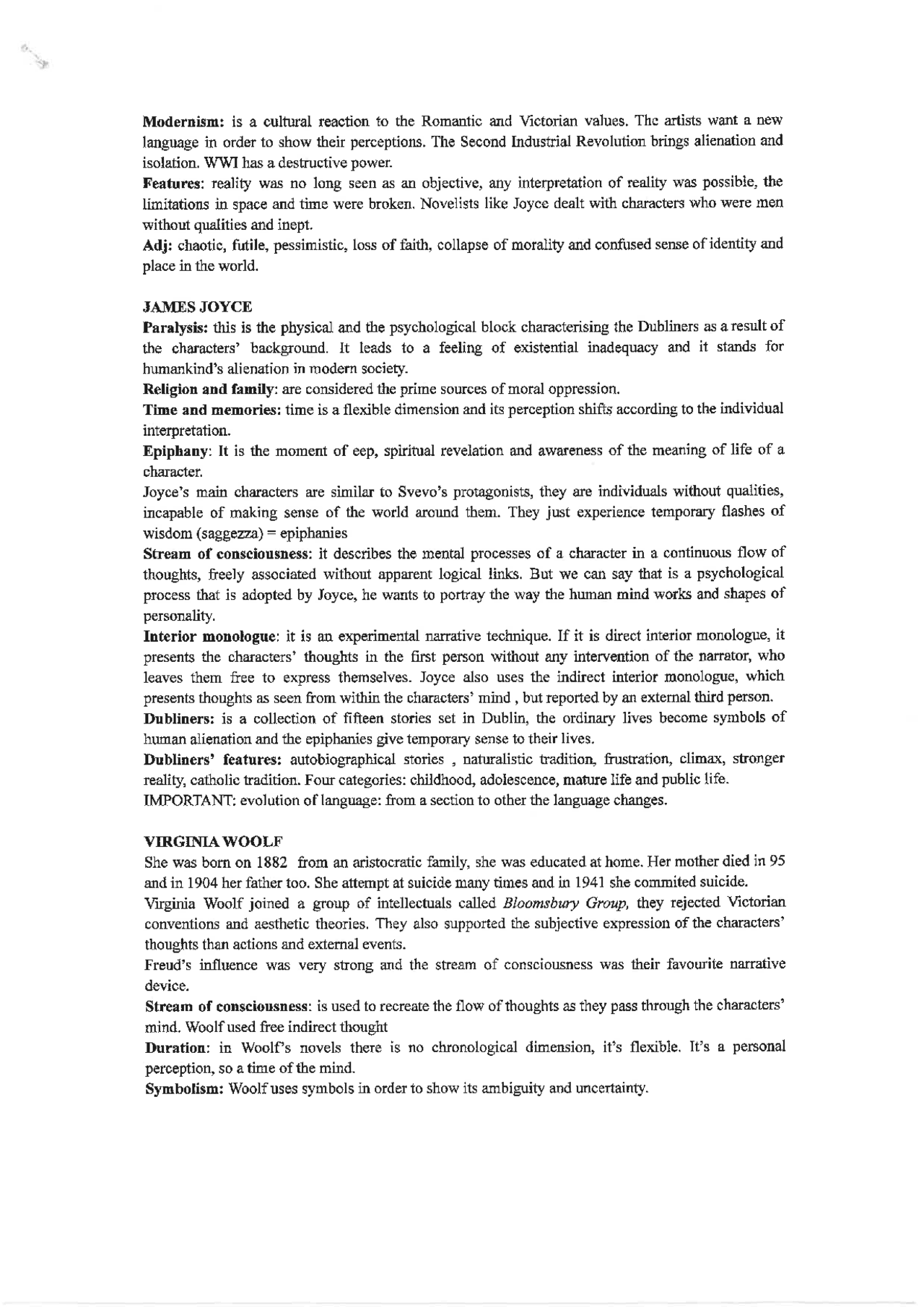 Mappe Oncettuali Joyce E Woolf Docsity