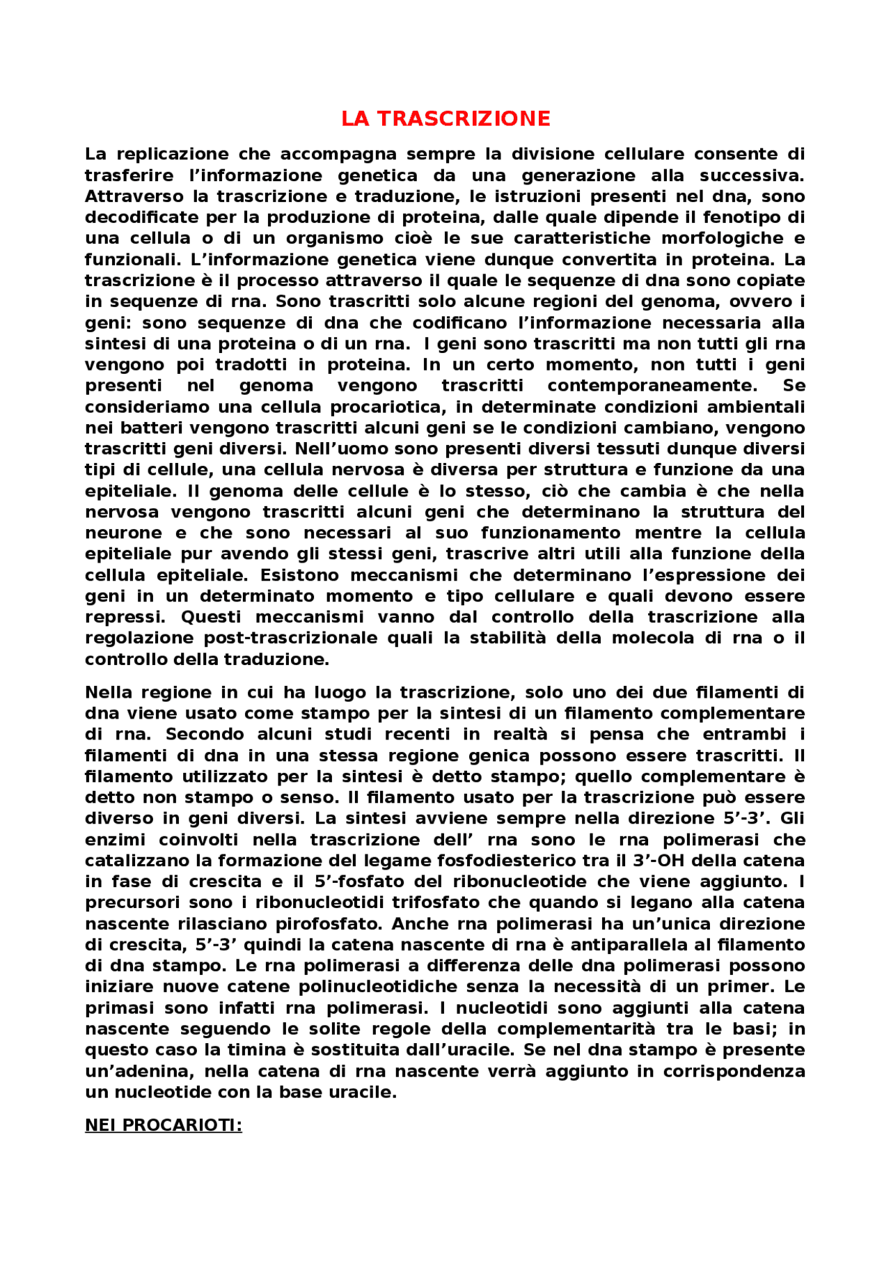 La Trascrizione Nei Procarioti E Negli Eucarioti Docsity