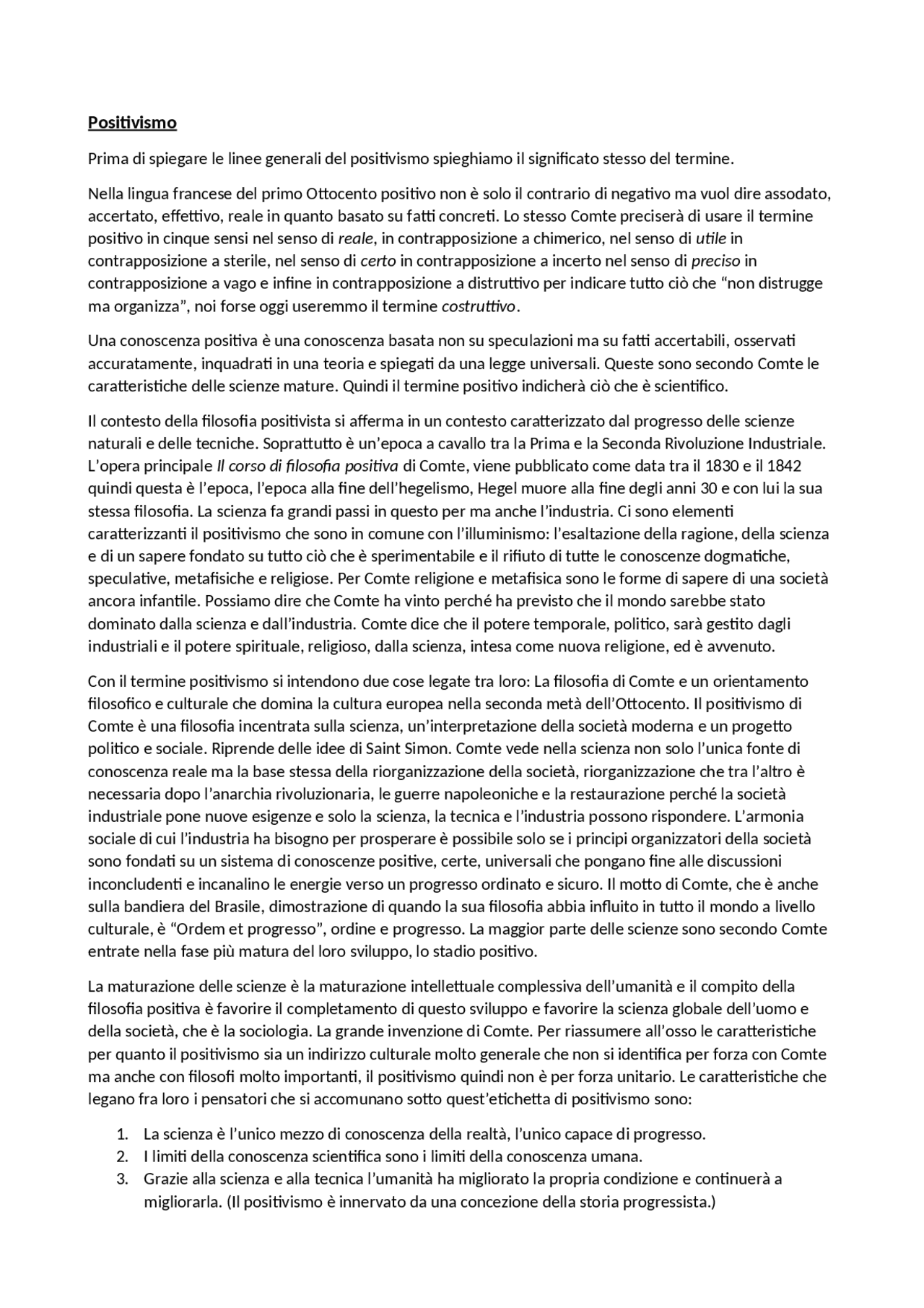 Riassunto Positivismo E Comte Docsity
