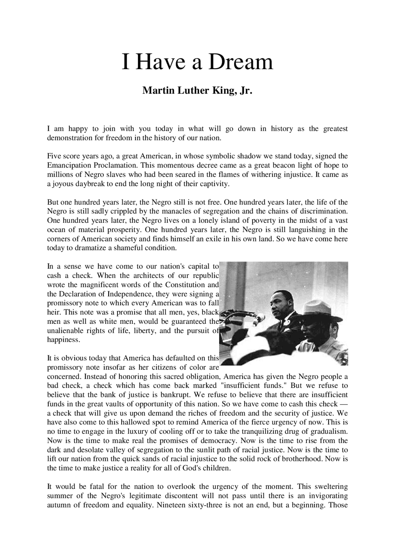 Résumé Du Discours De Martin Luther King Jr. I Have A Dream