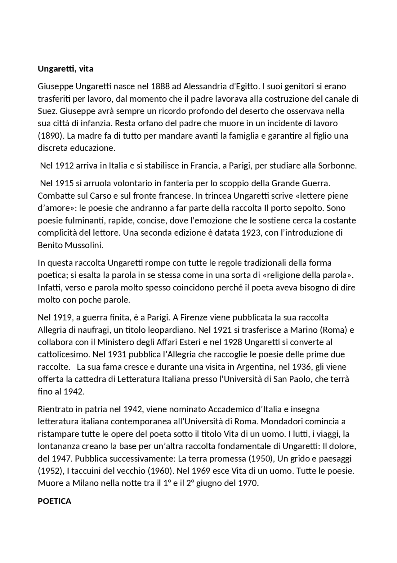 Giuseppe Ungaretti Vita E Opere Docsity