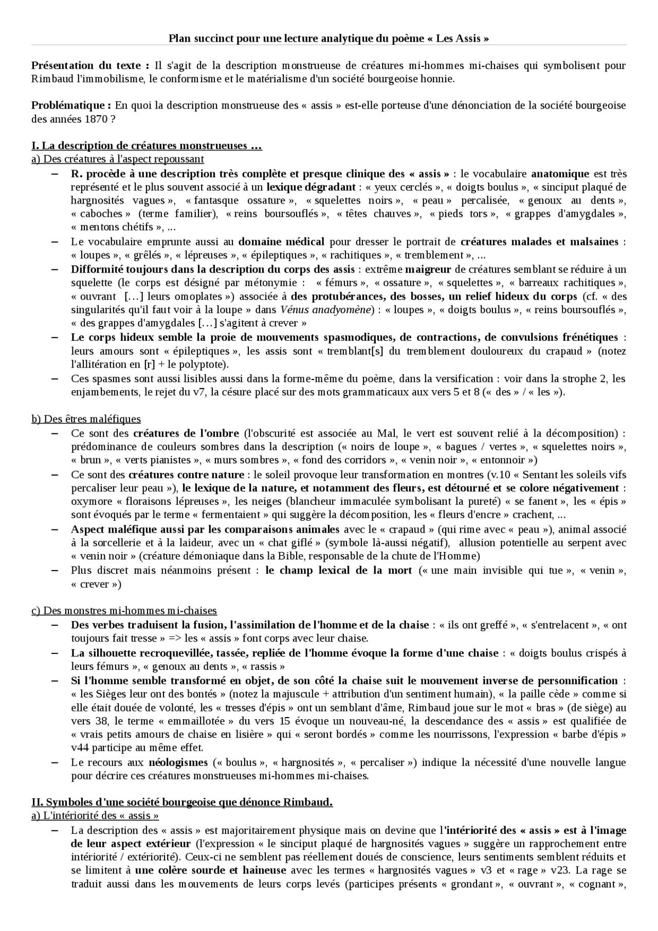 Plan Succinct Pour Une Lecture Analytique Du Poème Les Assis Docsity
