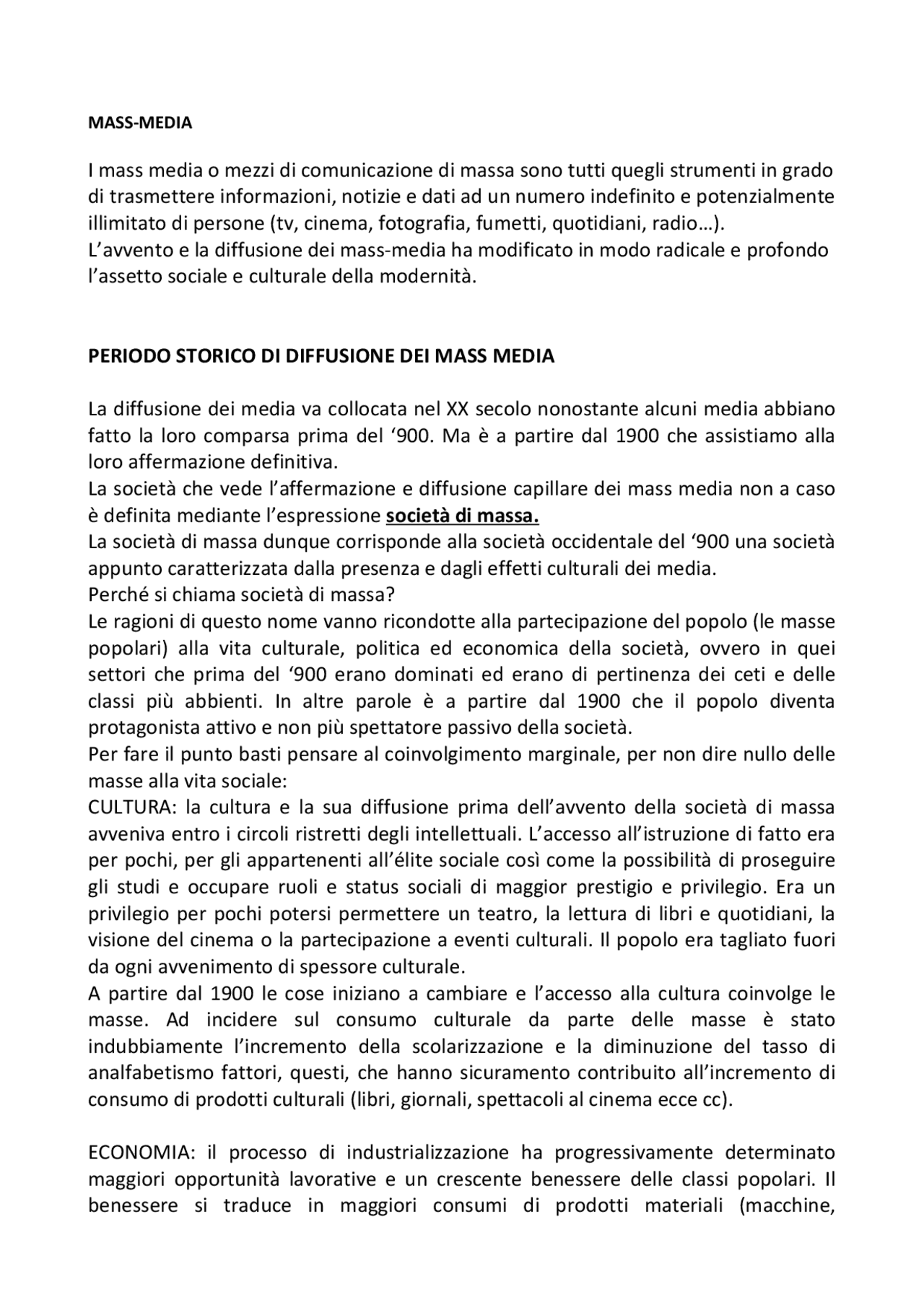 Società di massa e Mass Media - Docsity