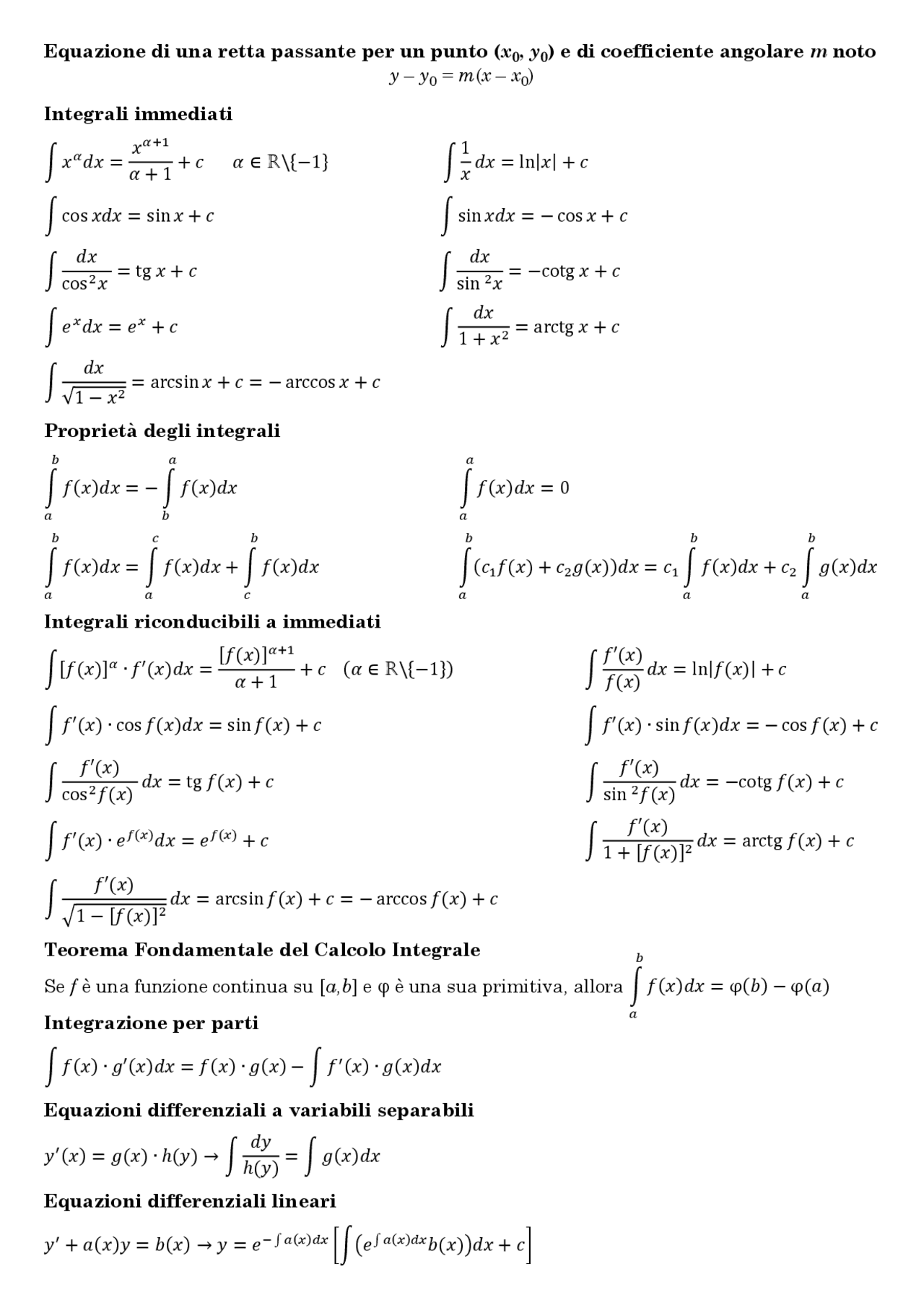 Formulario Integrali - Docsity