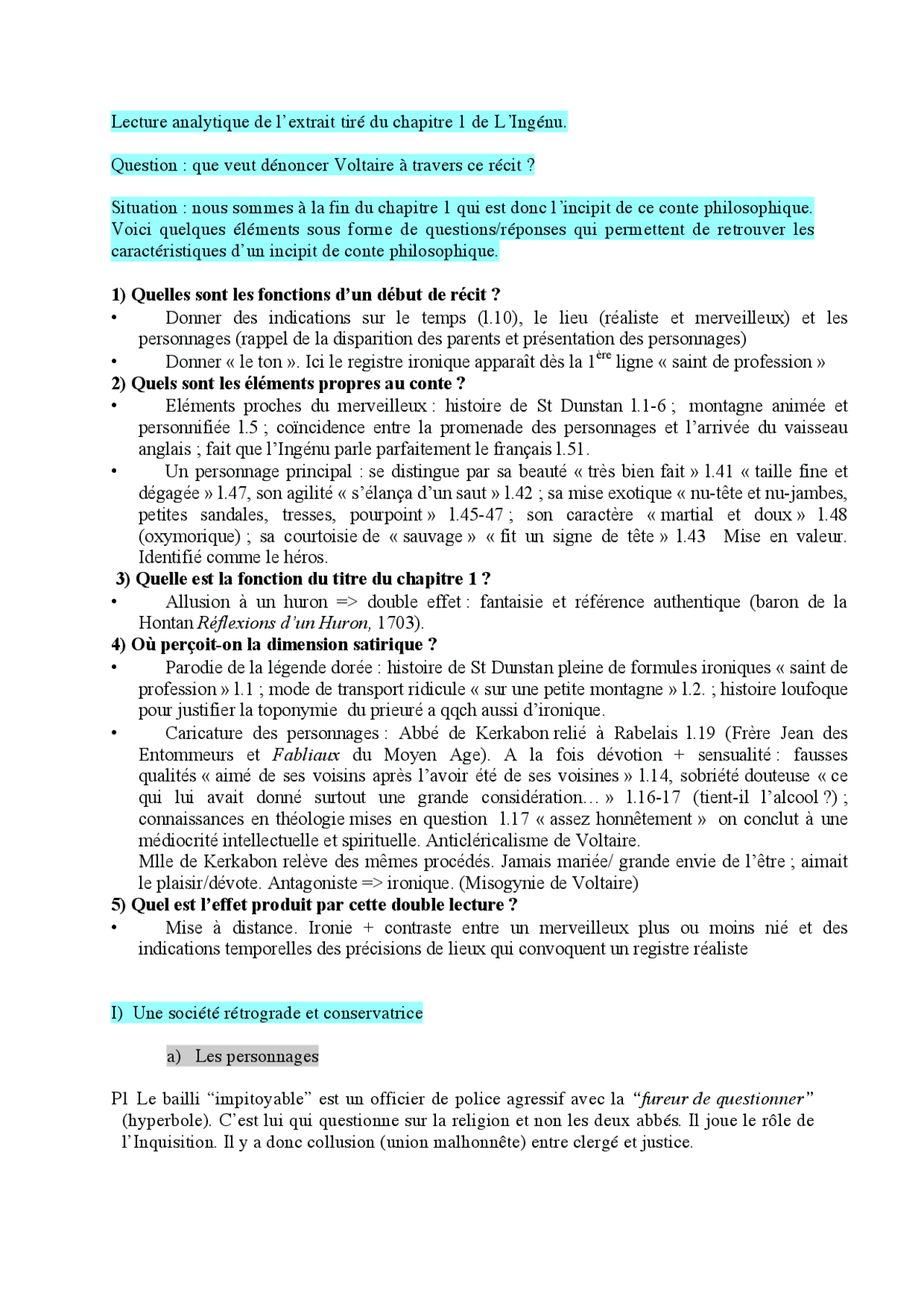 Lecture Analytique De Lextrait Tiré Du Chapitre 1 De Lingénu Docsity