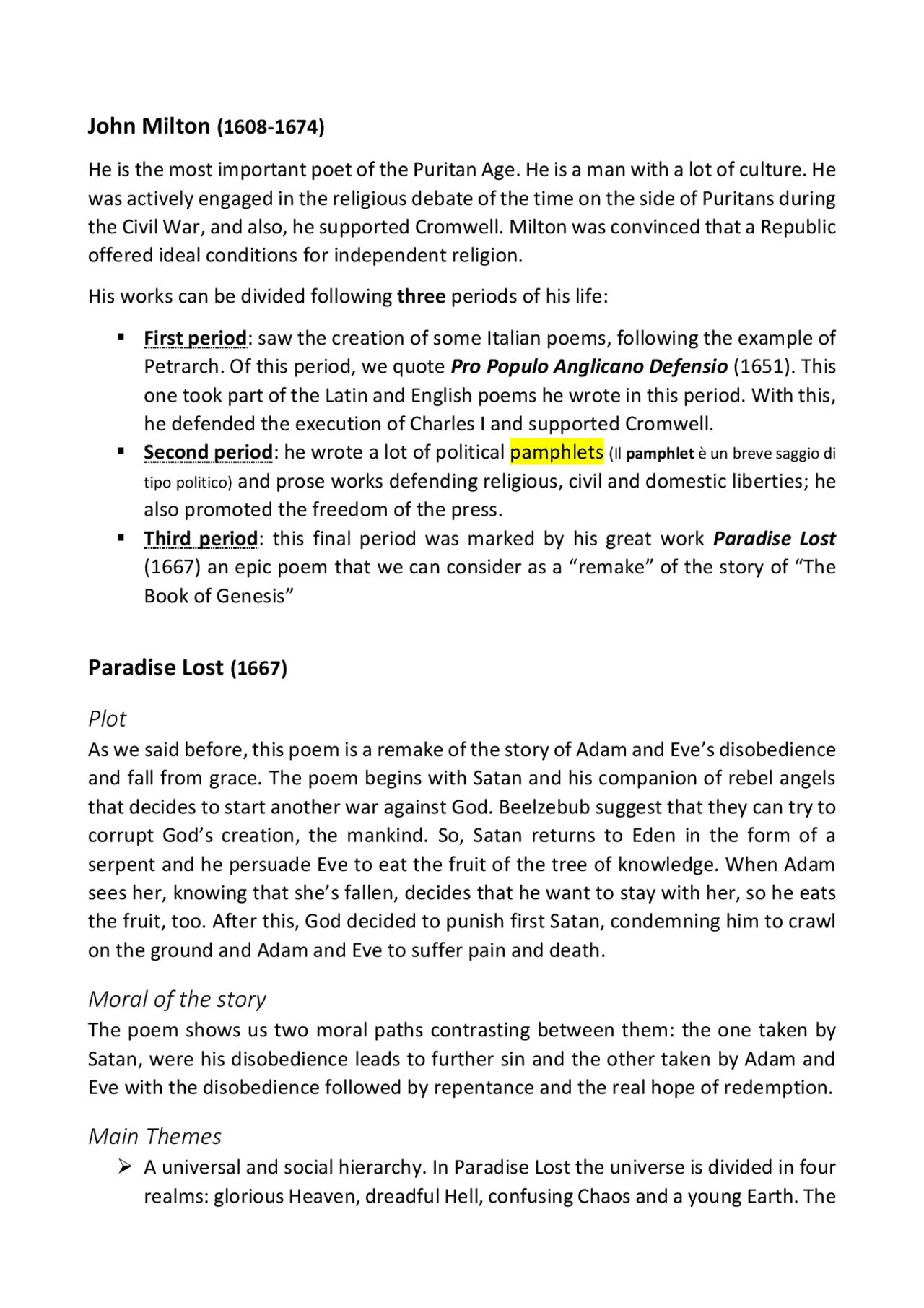 Notes About J Milton And His Masterpiece Paradise Lost Docsity