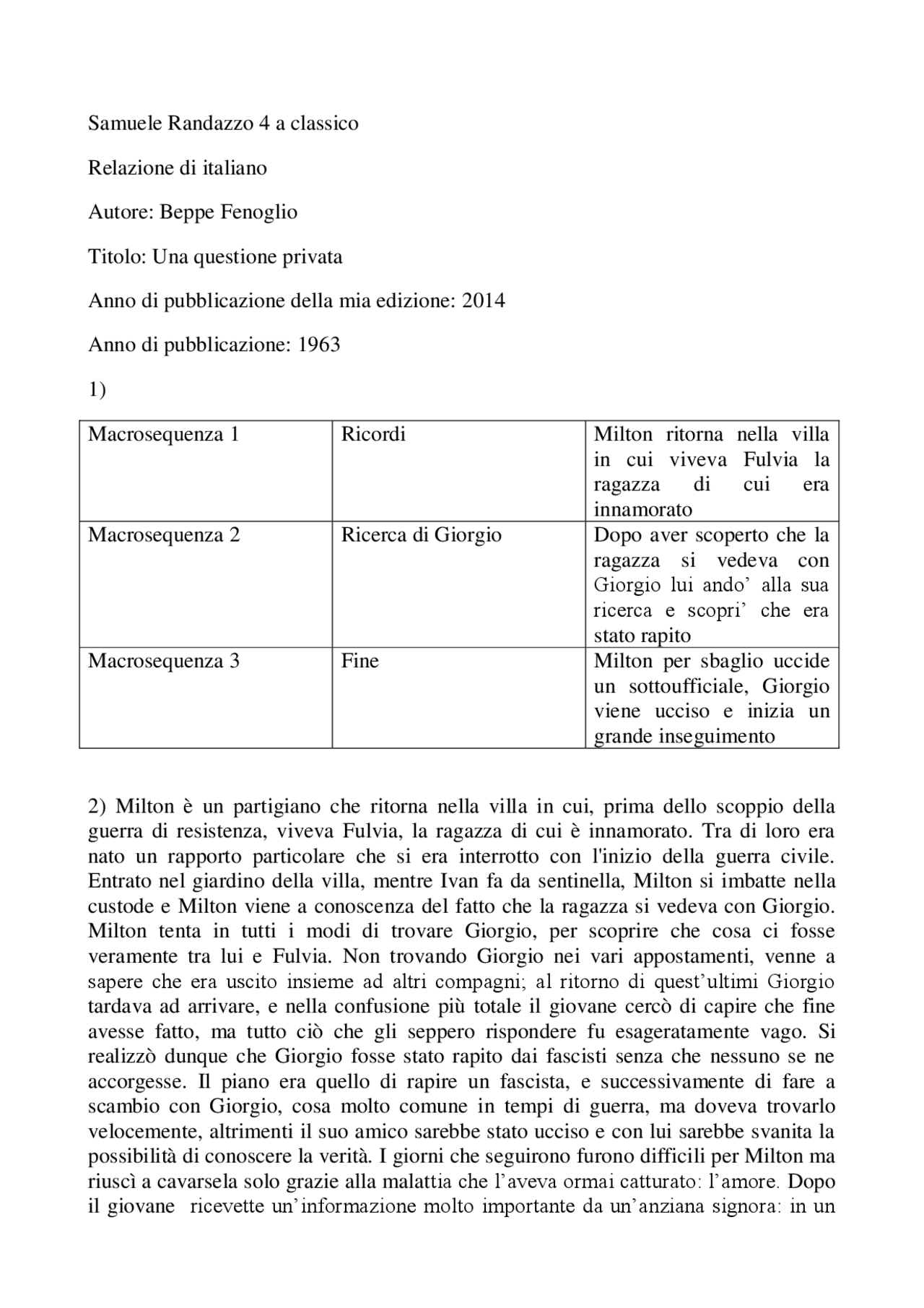 Relazione Di Italiano Una Questione Privata Di Beppe Fenoglio Docsity