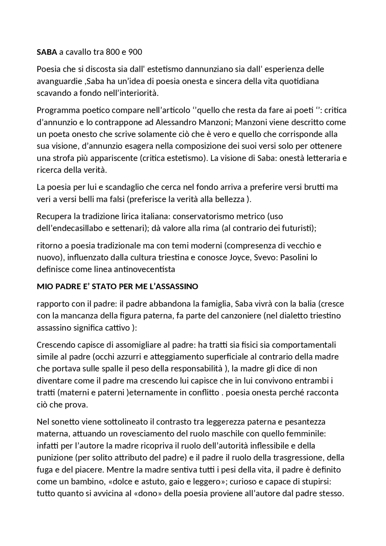 Umberto Saba Vita E Opere Docsity