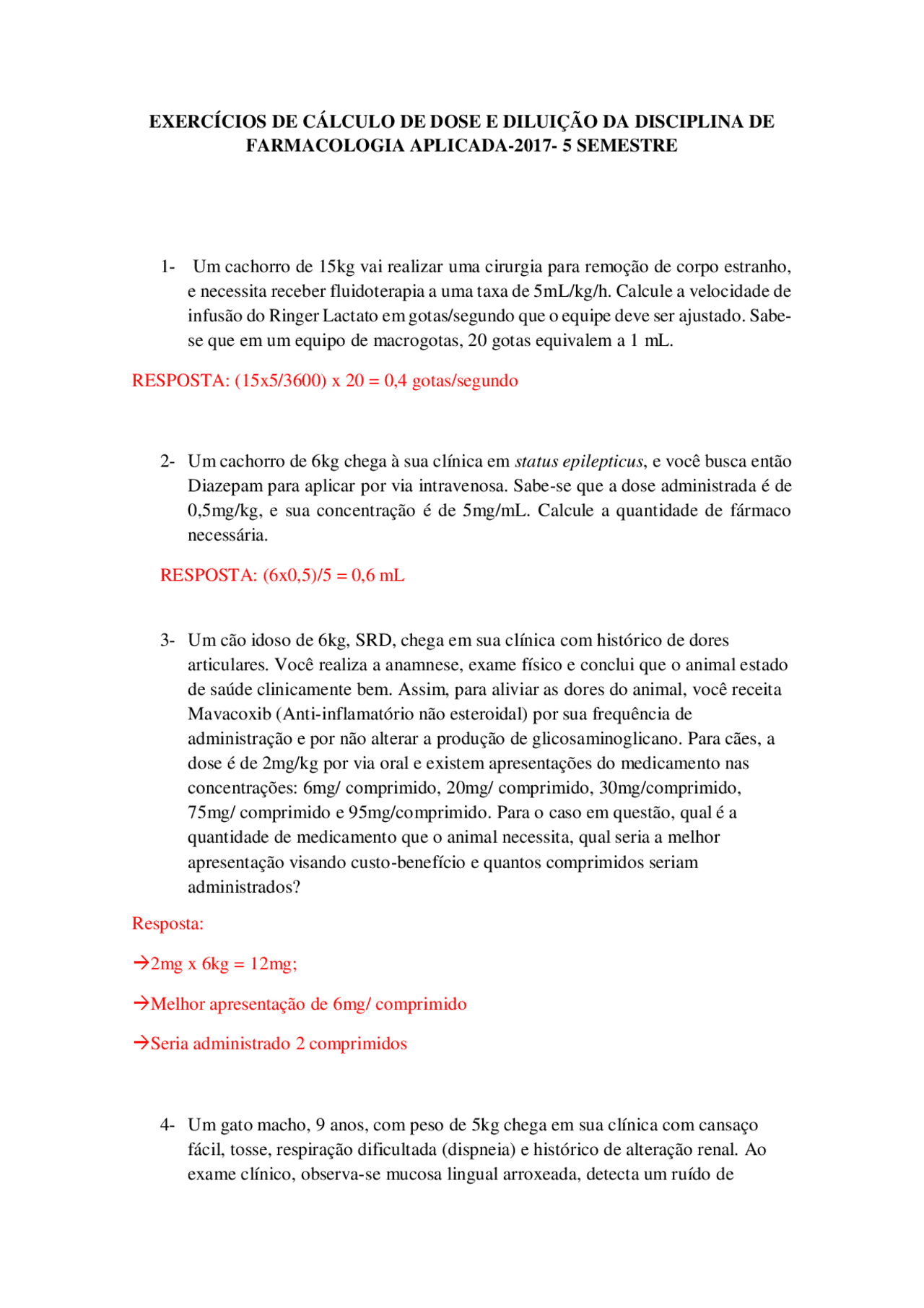Exercícios De Calculo De Dose Docsity