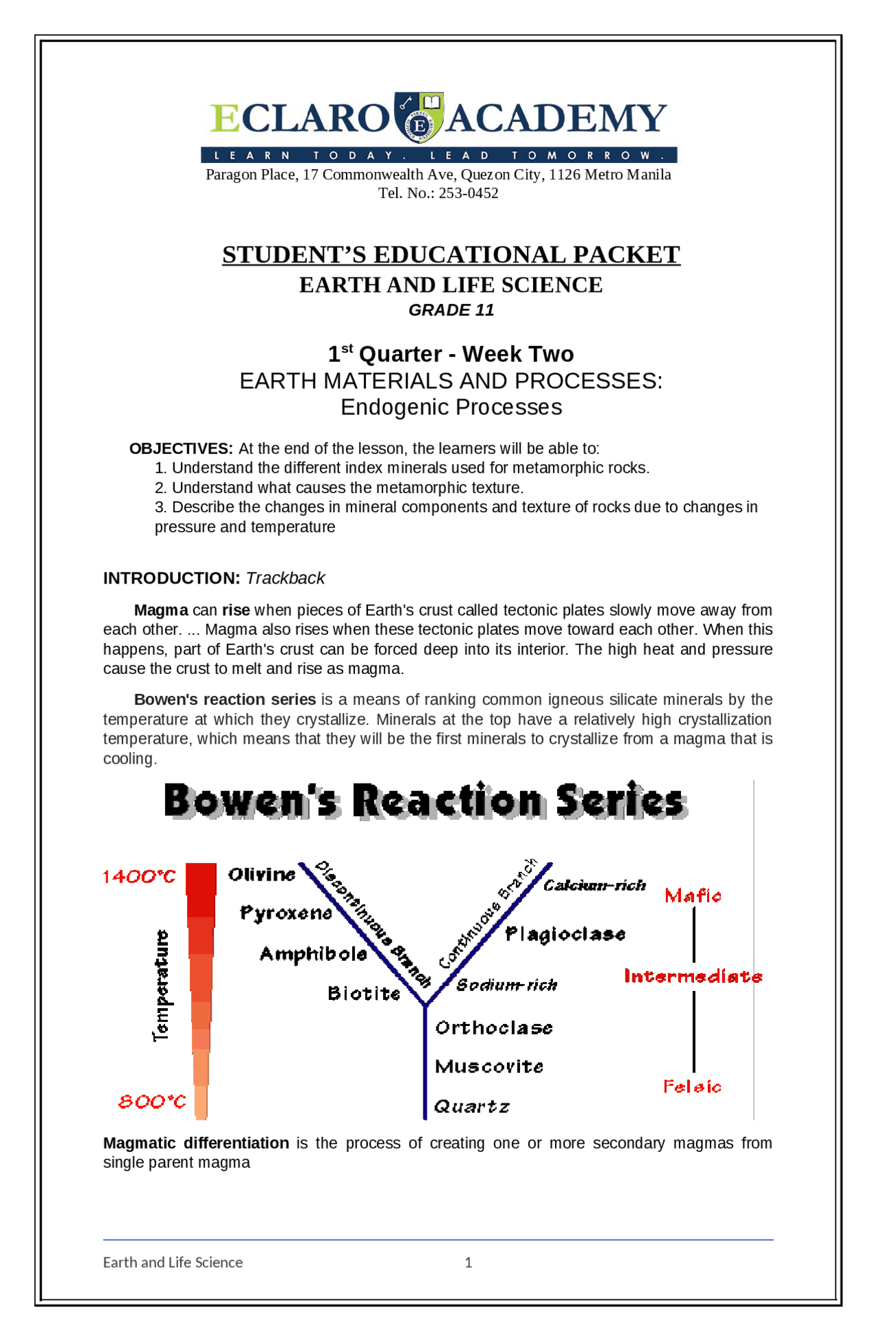 EARTH MATERIALS AND PROCESSES MINERAL ROCKS - Docsity